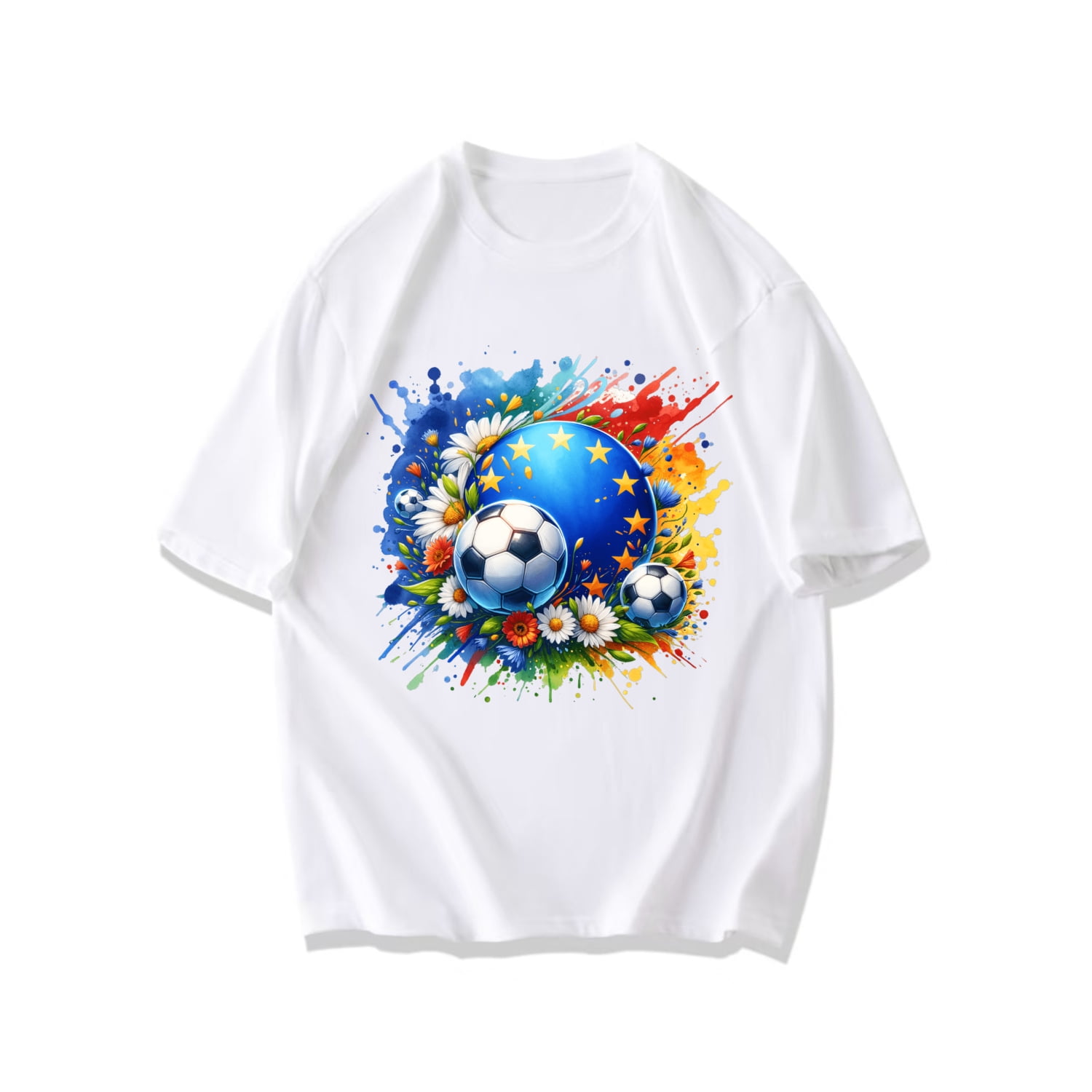 Crewneck T Shirt Black Soccer Ball And Flowers With European Flag ...