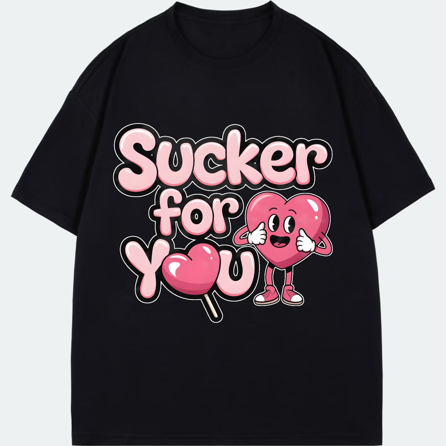 Crewneck T Shirt Black Sucker For You Heart Candy Print Cute Cartoon ...
