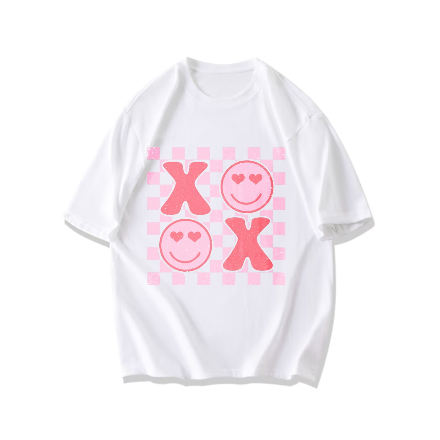 Crewneck T Shirt Black Xoxo Emoji Pattern With Pink Checkerboard ...