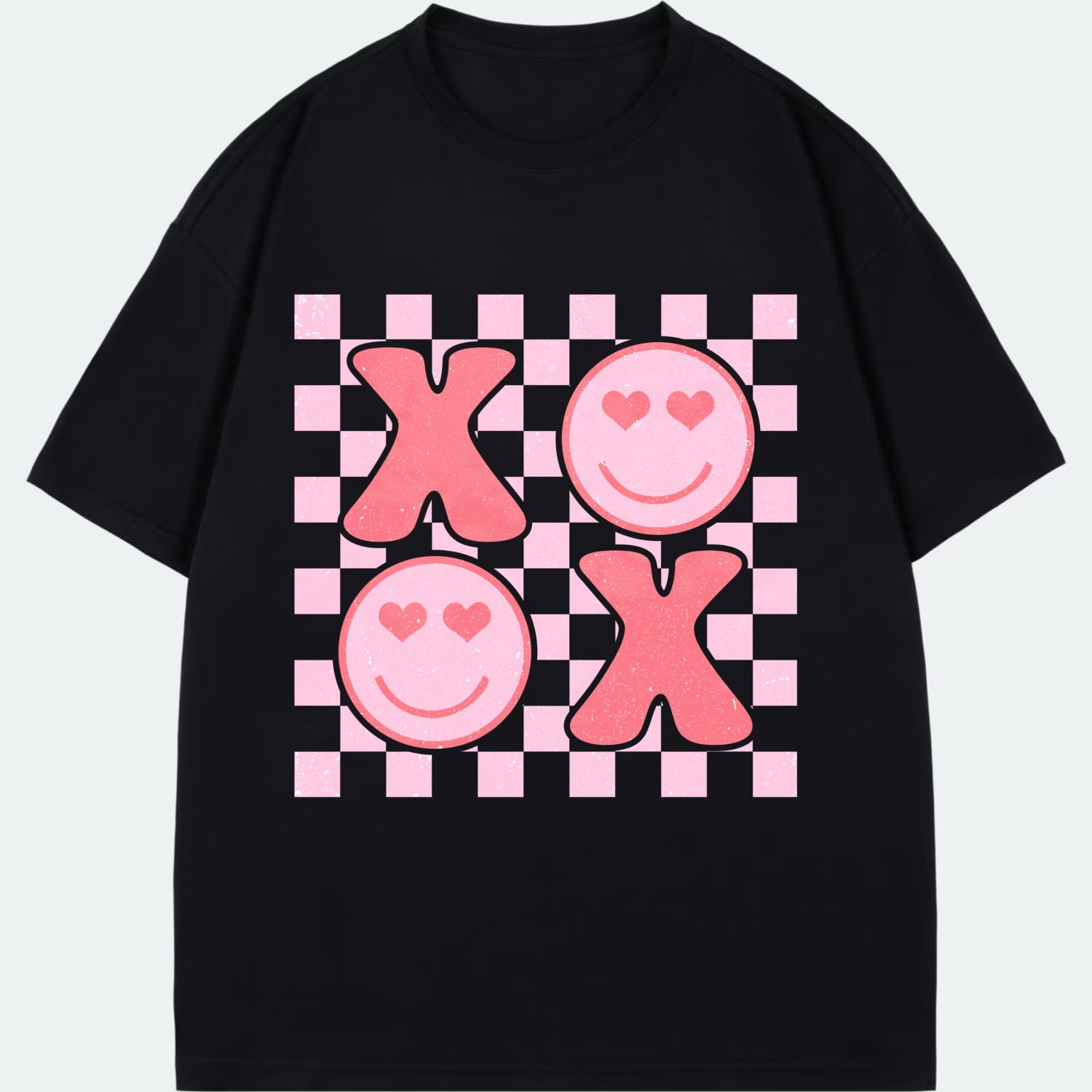 Crewneck T Shirt Black Xoxo Emoji Pattern With Pink Checkerboard ...