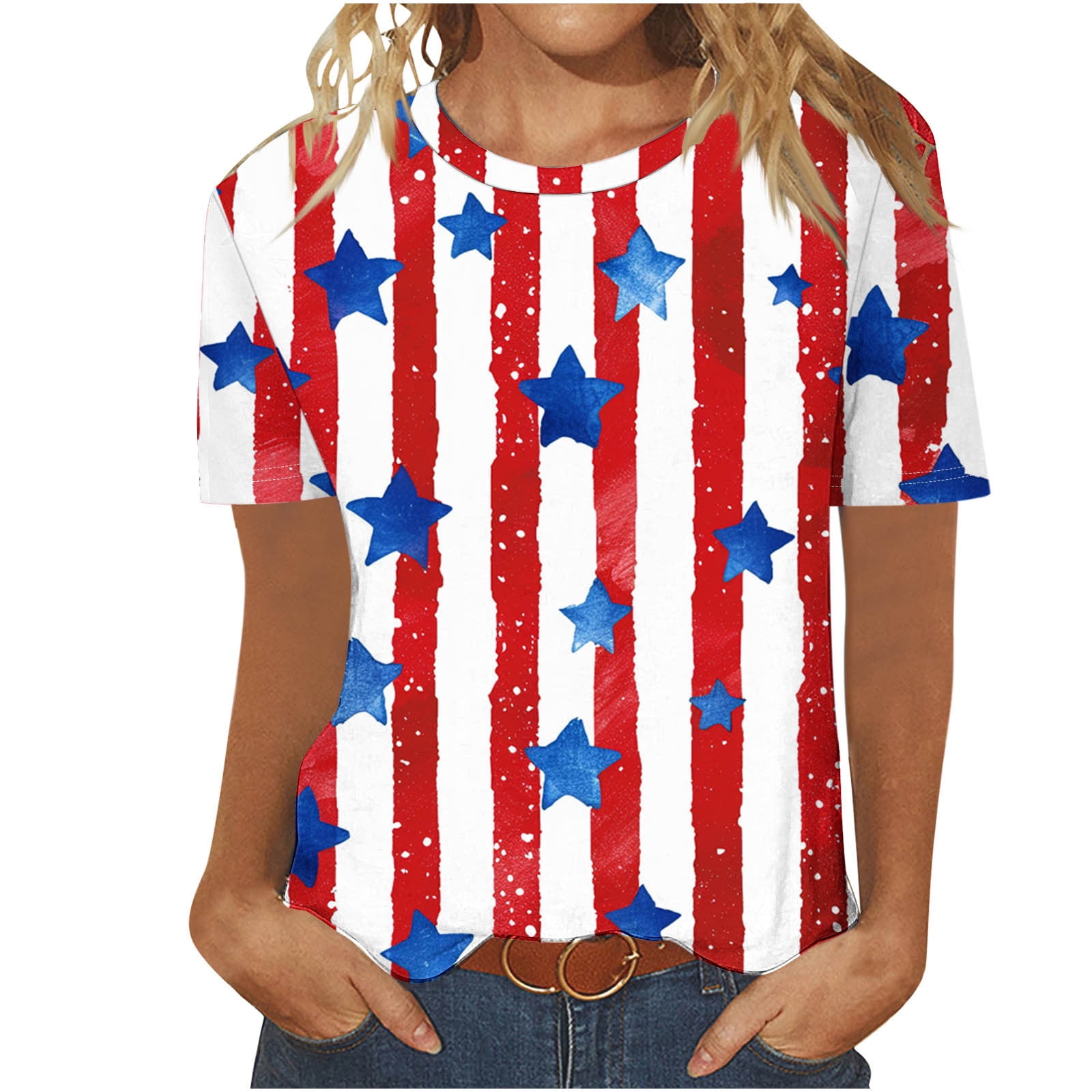Crgrtght Patriotic Shirts for Women Round Neck Short Sleeved T-Shirt ...