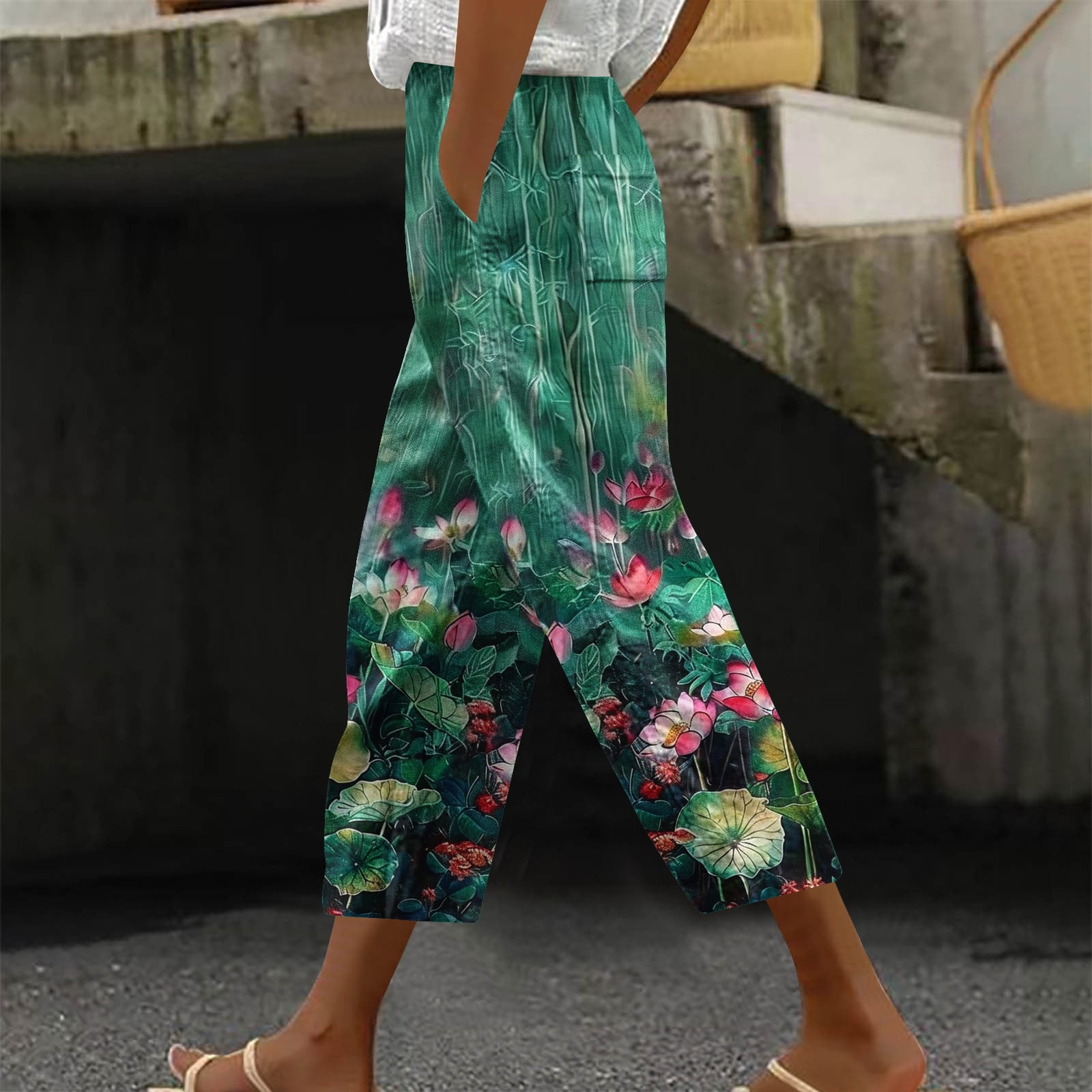 Crgrtght Womens Summer Pants Cropped Pants High Waisted Boho Beach ...