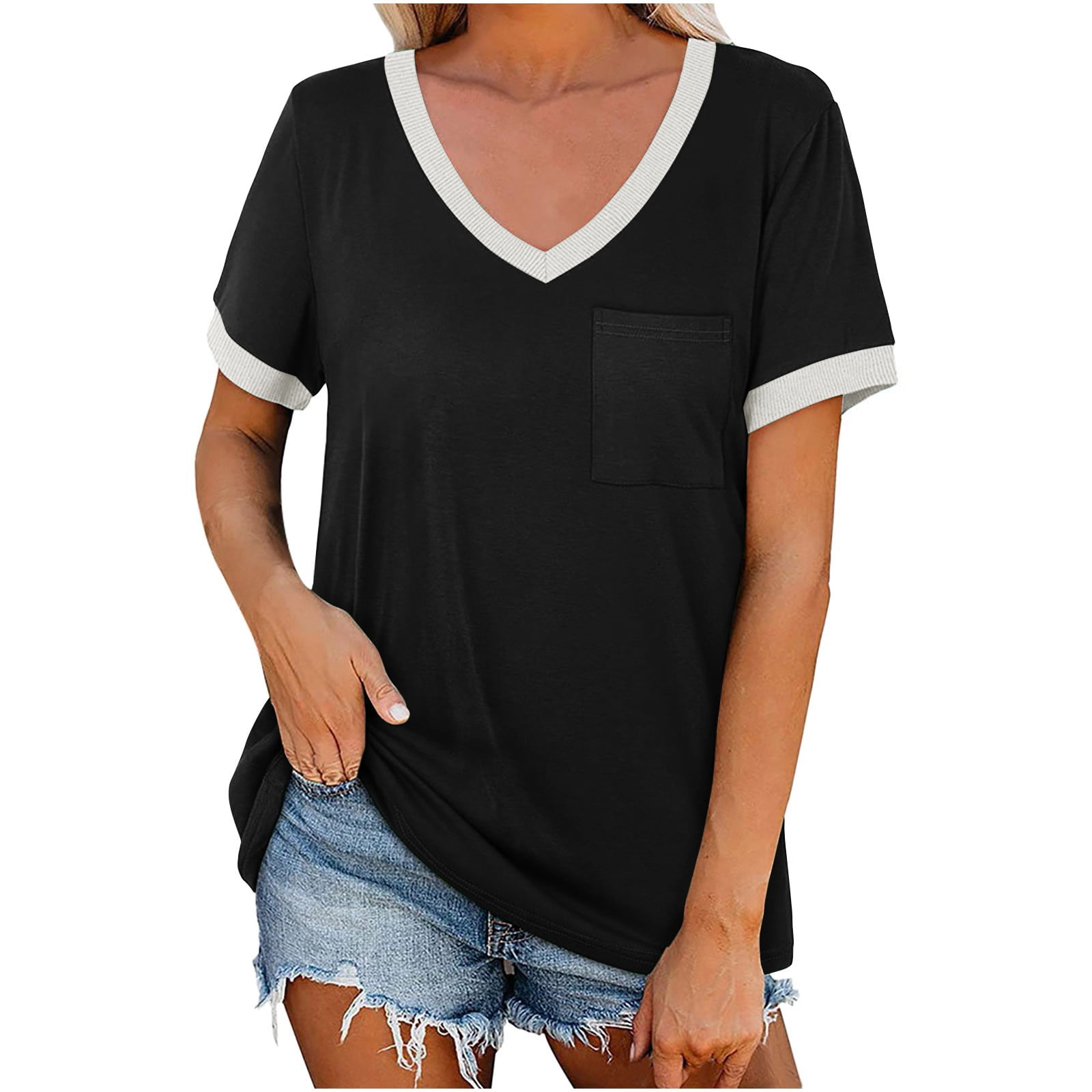 Crgrtght Womens T Shirts V Neck Cap Short Sleeve Summer Colorblock Tops ...