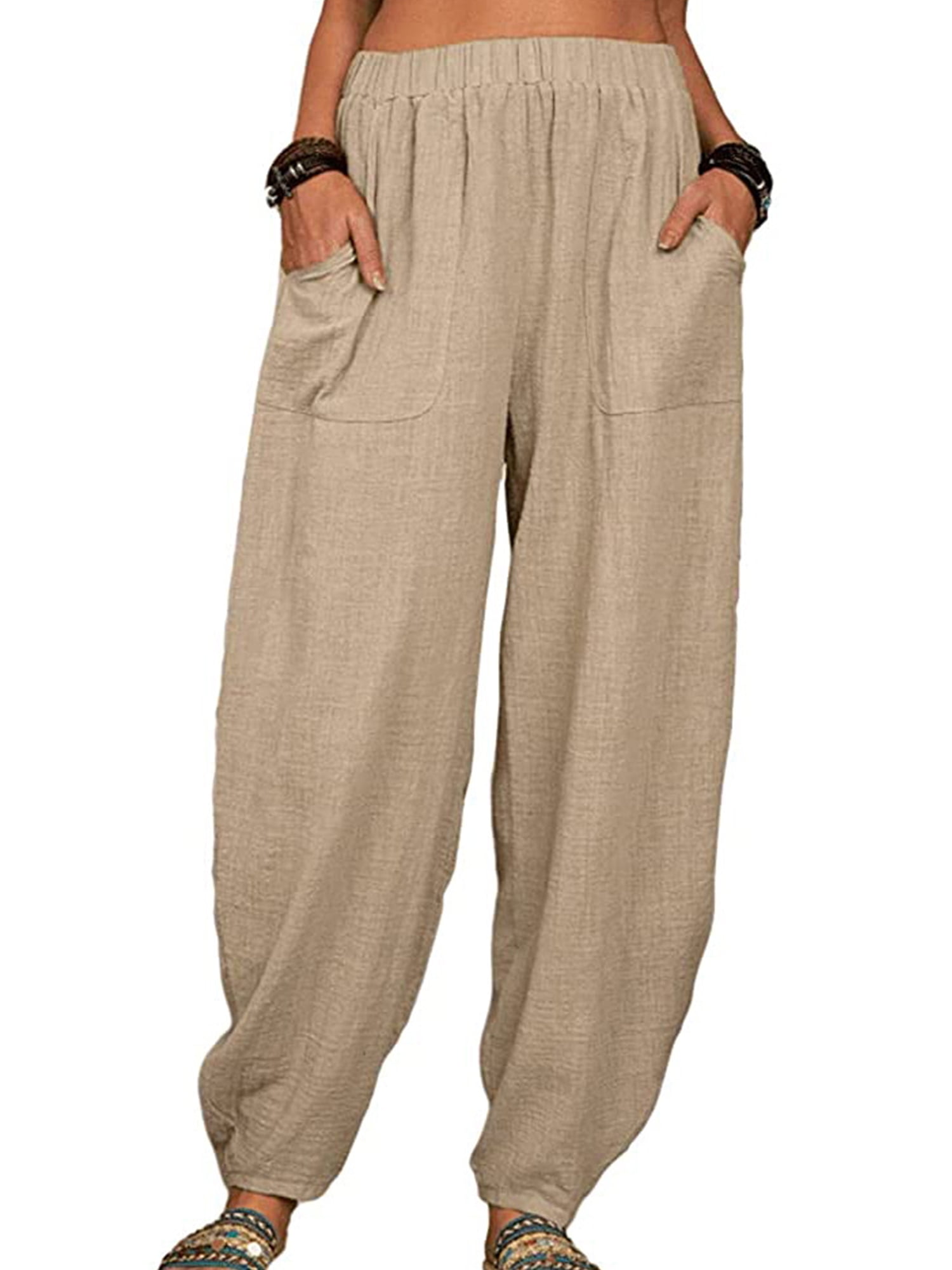 Crianlook Women Plus Size Linen Pants Summer Cotton Loose Trouser Pants ...