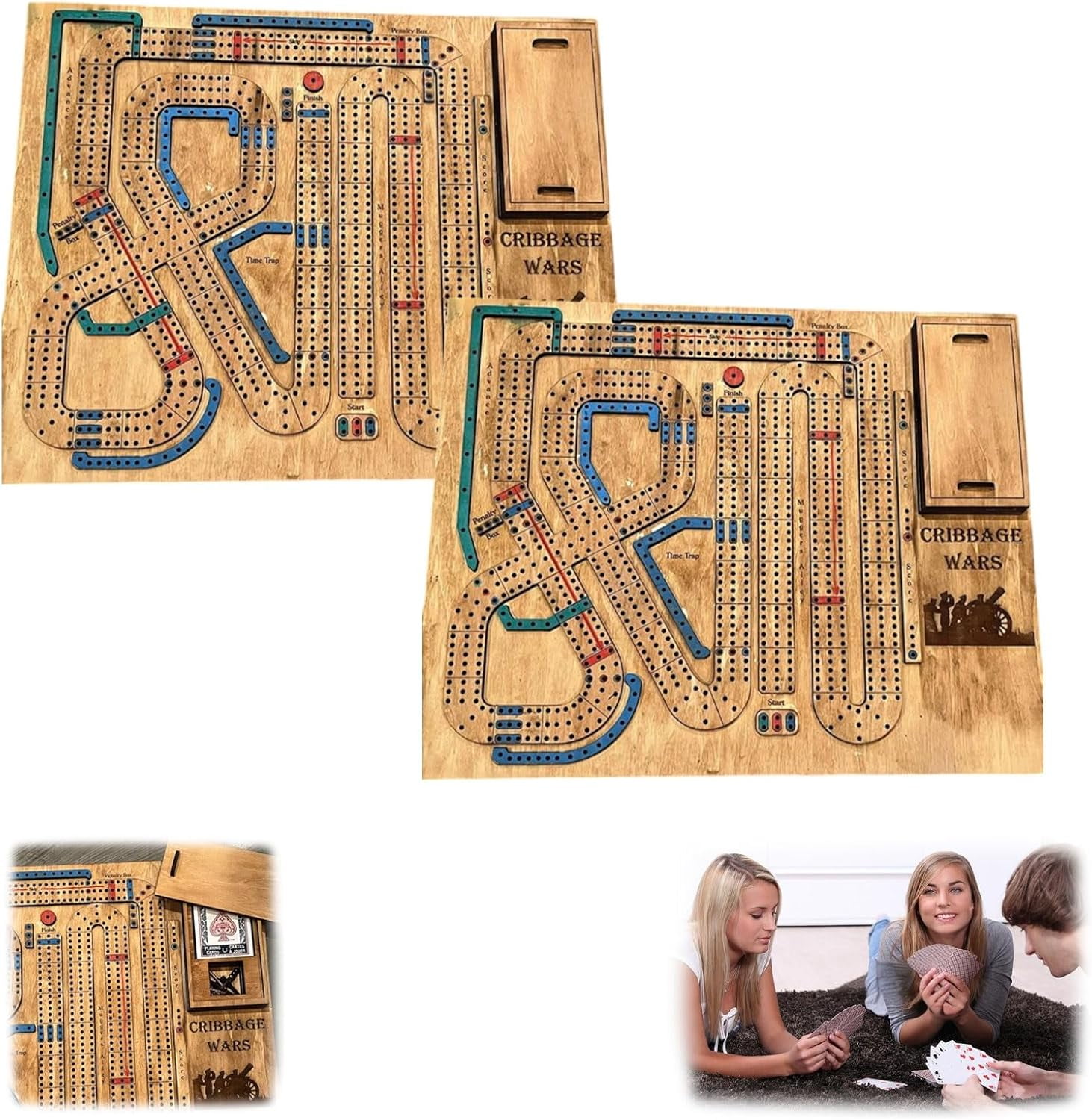 Cribbage War Game - Classic Wooden Cribbage Board Set with Built-in Peg ...