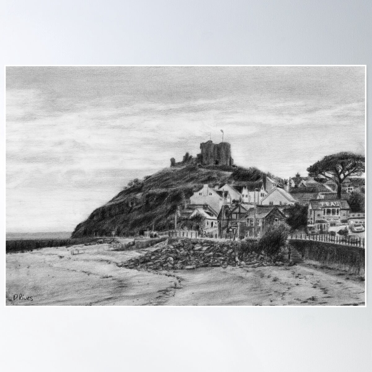Criccieth Beach Wales Uk Pencil Drawing Poster Wall Art, Modern Wall ...