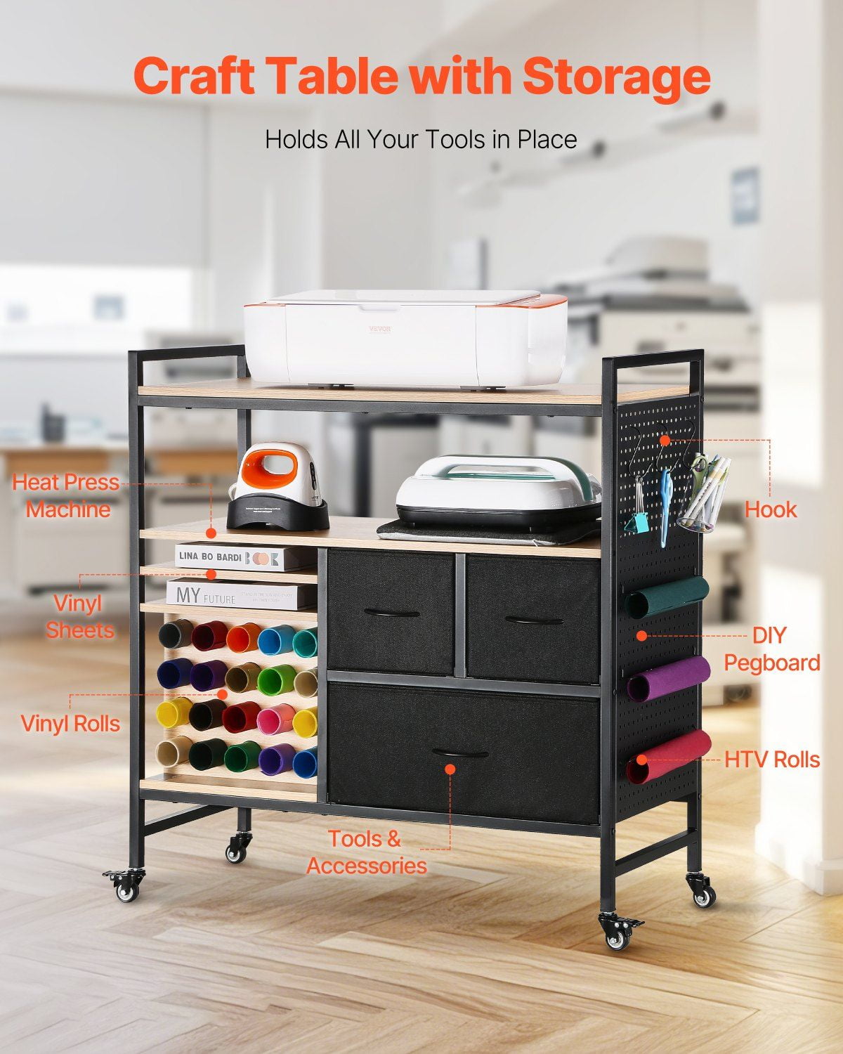 Cricut Vinyl Storage Rolling Cart with 3 Drawers and Workstation Table ...