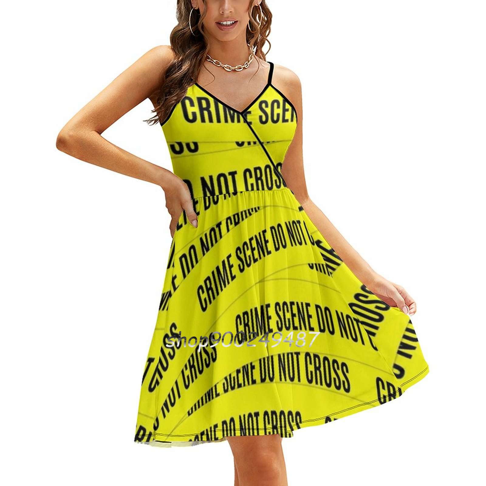 Crime Scene Tape Pattern Square Neck Dress Sweet Summer Dress Women ...
