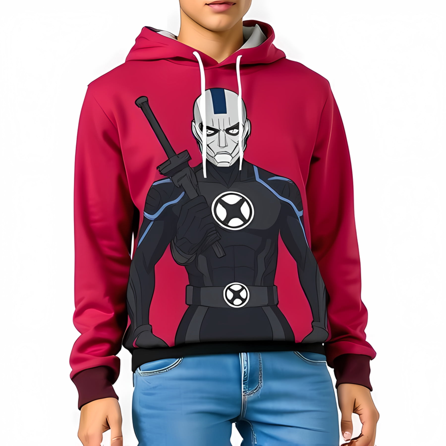 Crimson 3D Hoodie with Bald Graphic Katana and Bold 'X' Stylish ...
