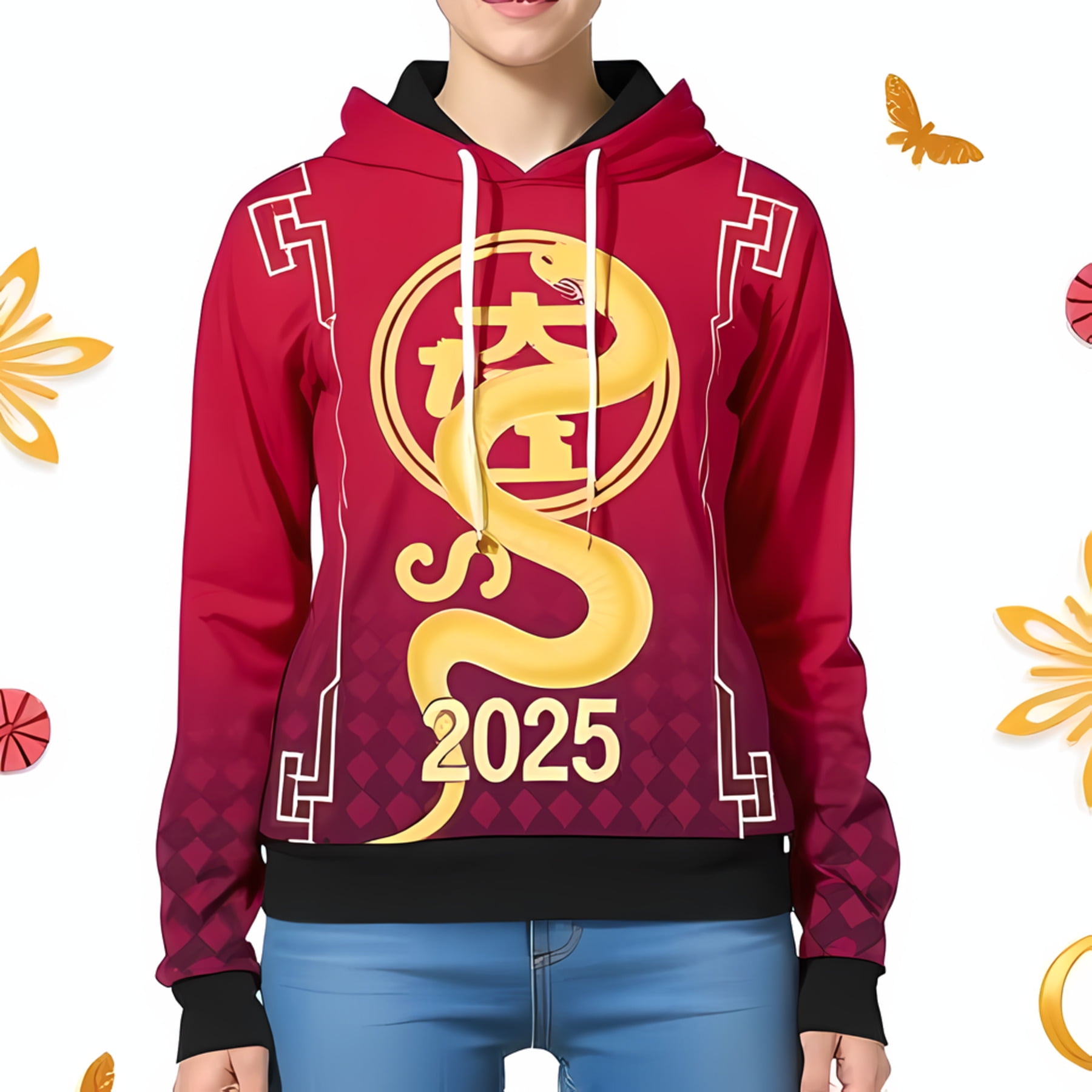 Crimson 3D Hoodie with Golden Snake & Chinese Characters Stylish ...