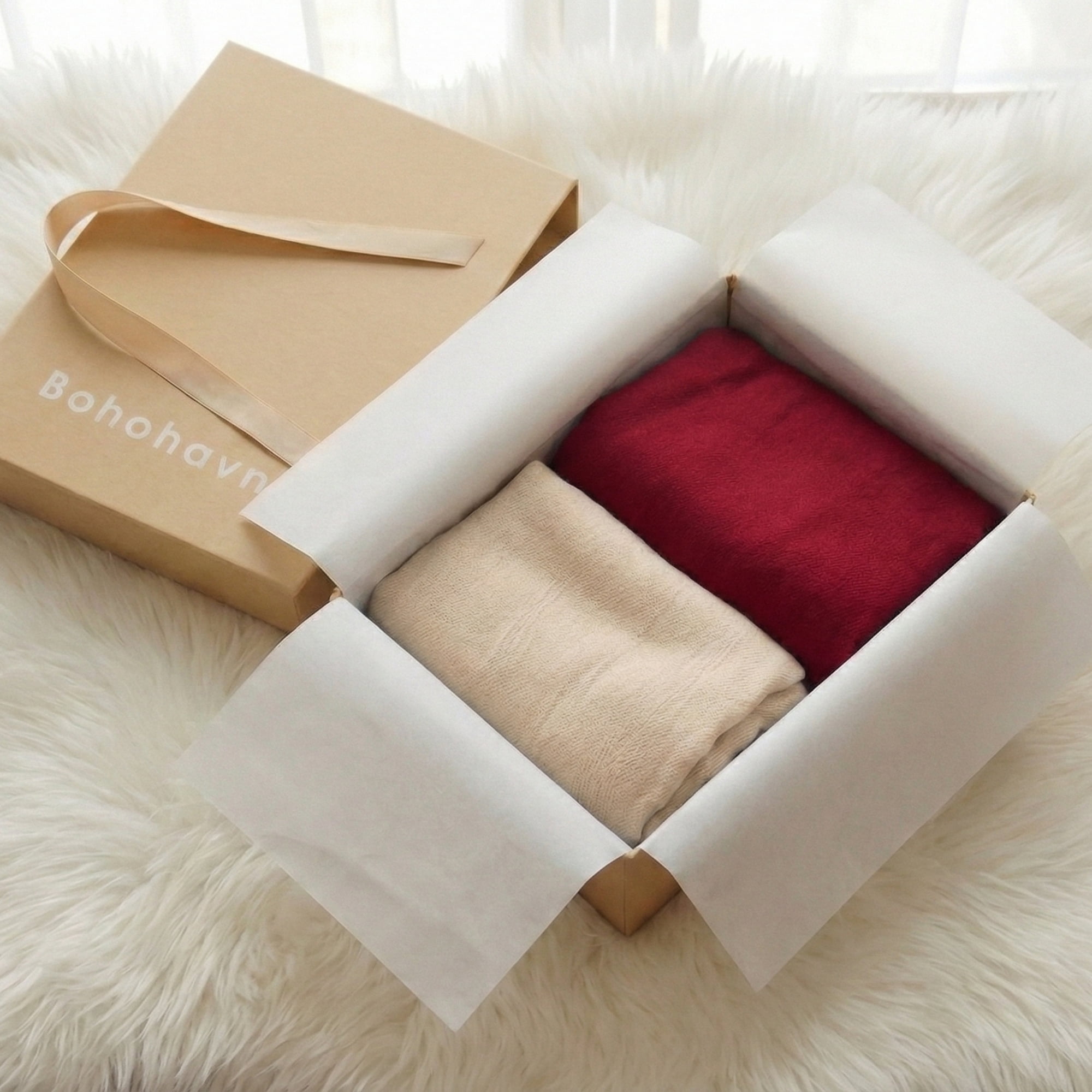 Crimson & Cream Holiday Duo — red + ivory two‑scarf gift set in a ...