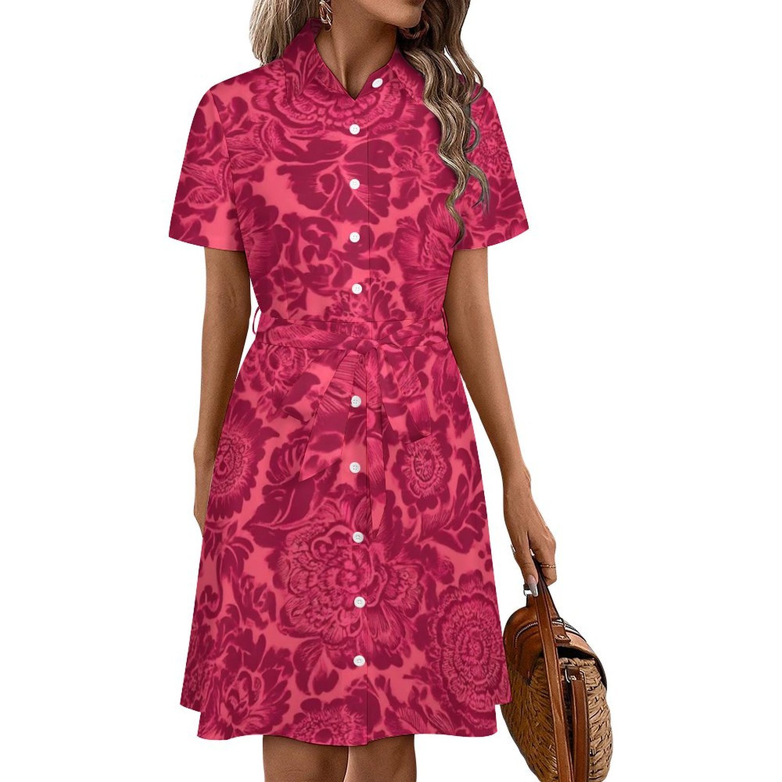 Crimson Floral Patterned Fabric Design Womens Shirt Dresses Women'S ...