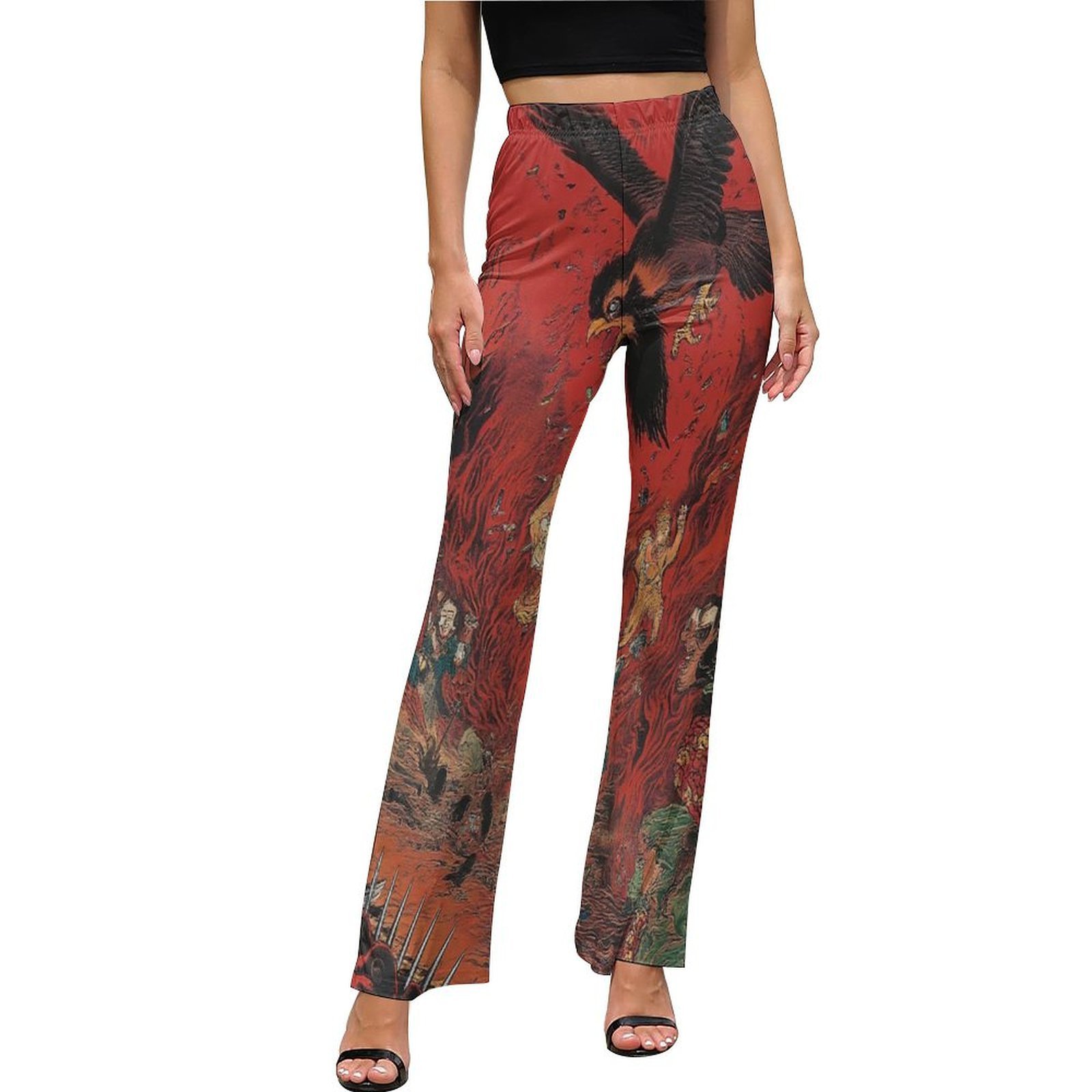 Crimson Hellish Bird Chaos Scene High Waisted Casual Flared Trousers ...