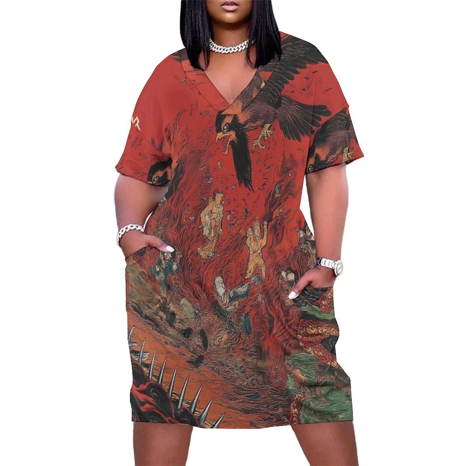 Crimson Hellish Bird Chaos Scene Loose Pocket Dress Dresses Summer ...
