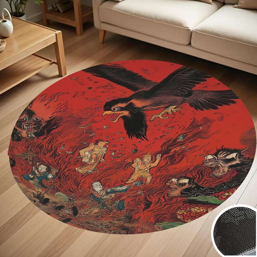Crimson Hellish Bird Chaos Scene Round Carpet Living Room Bedroom Home ...