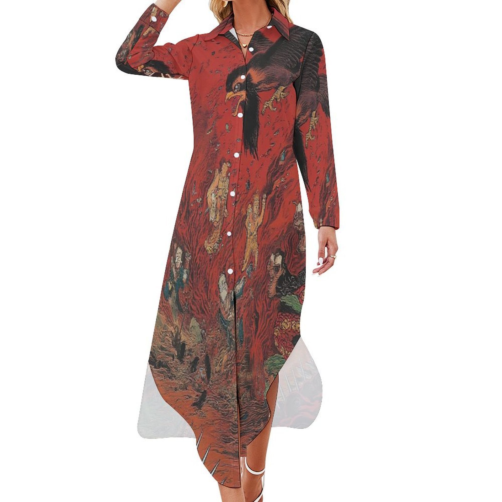Crimson Hellish Bird Chaos Scene Shirt Dress Long Sleeve Street Fashion ...