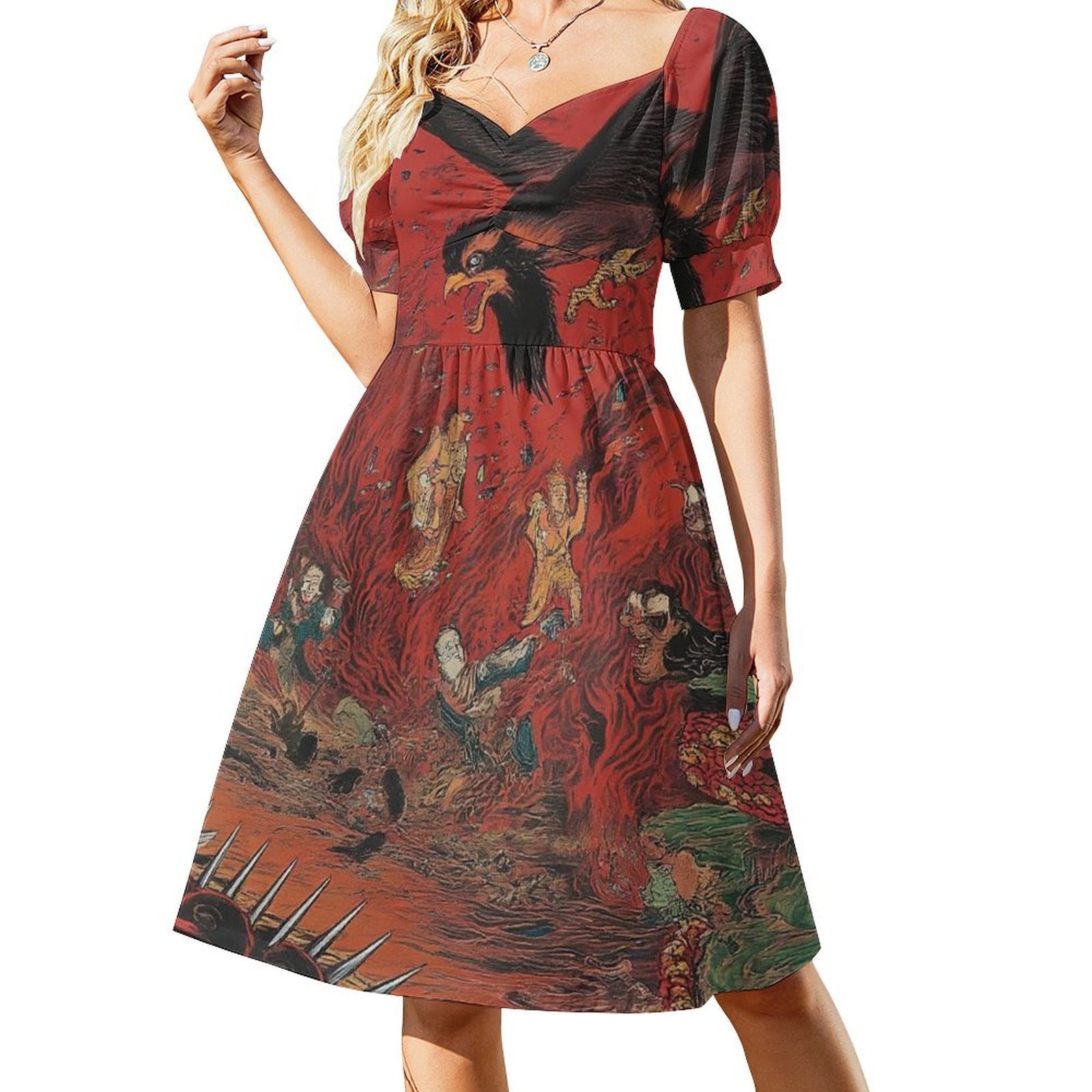 Crimson Hellish Bird Chaos Scene Short Sleeve Dress Clothes Women's ...