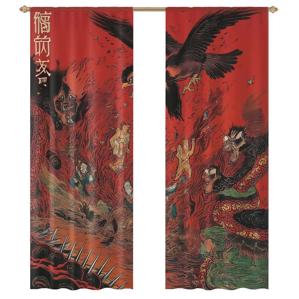 Crimson Hellish Bird Chaos Scene Tulle Curtains For Living Room Chiffon ...