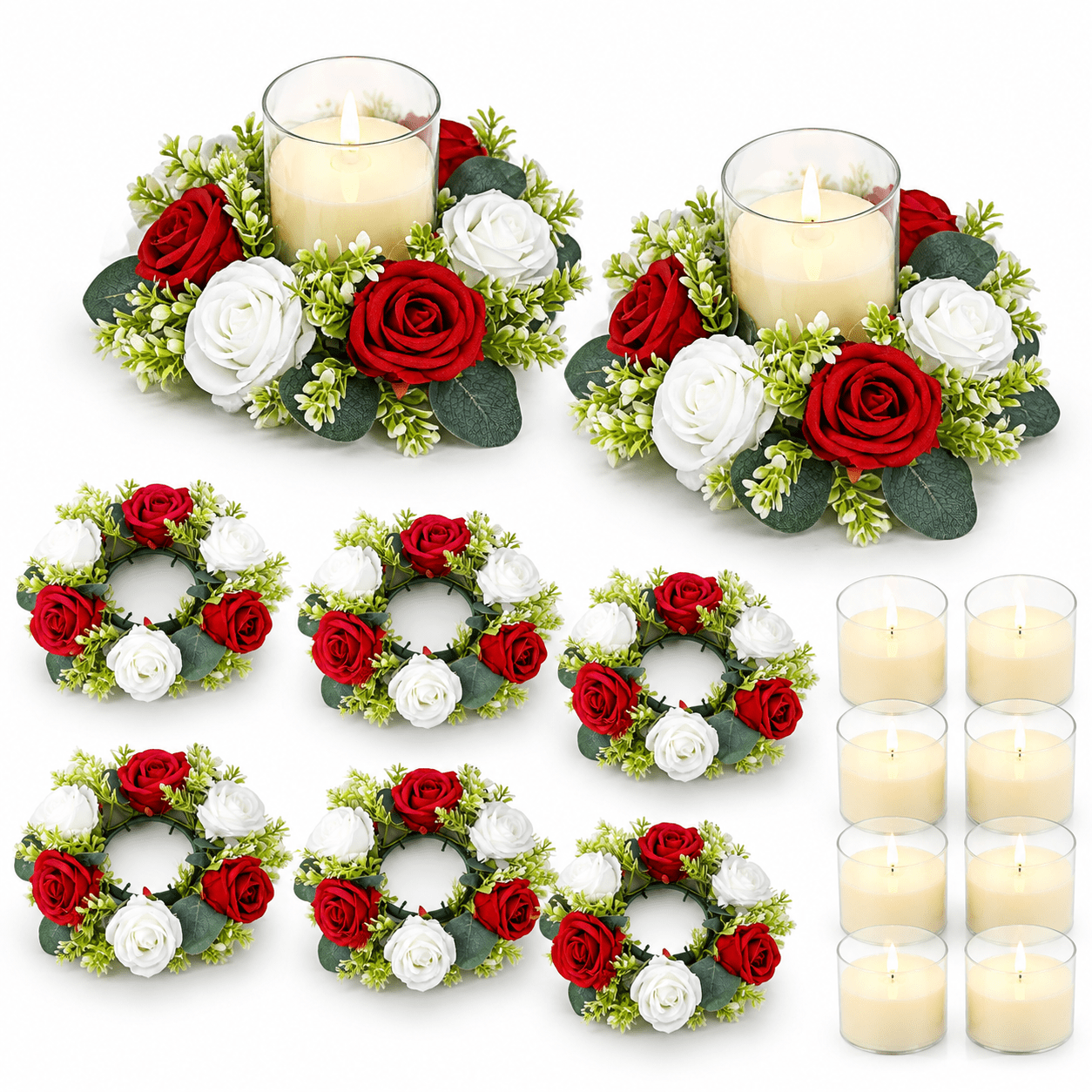 Crimson Rose Candle Rings Withless Candles Sets - 12artificial Flower ...