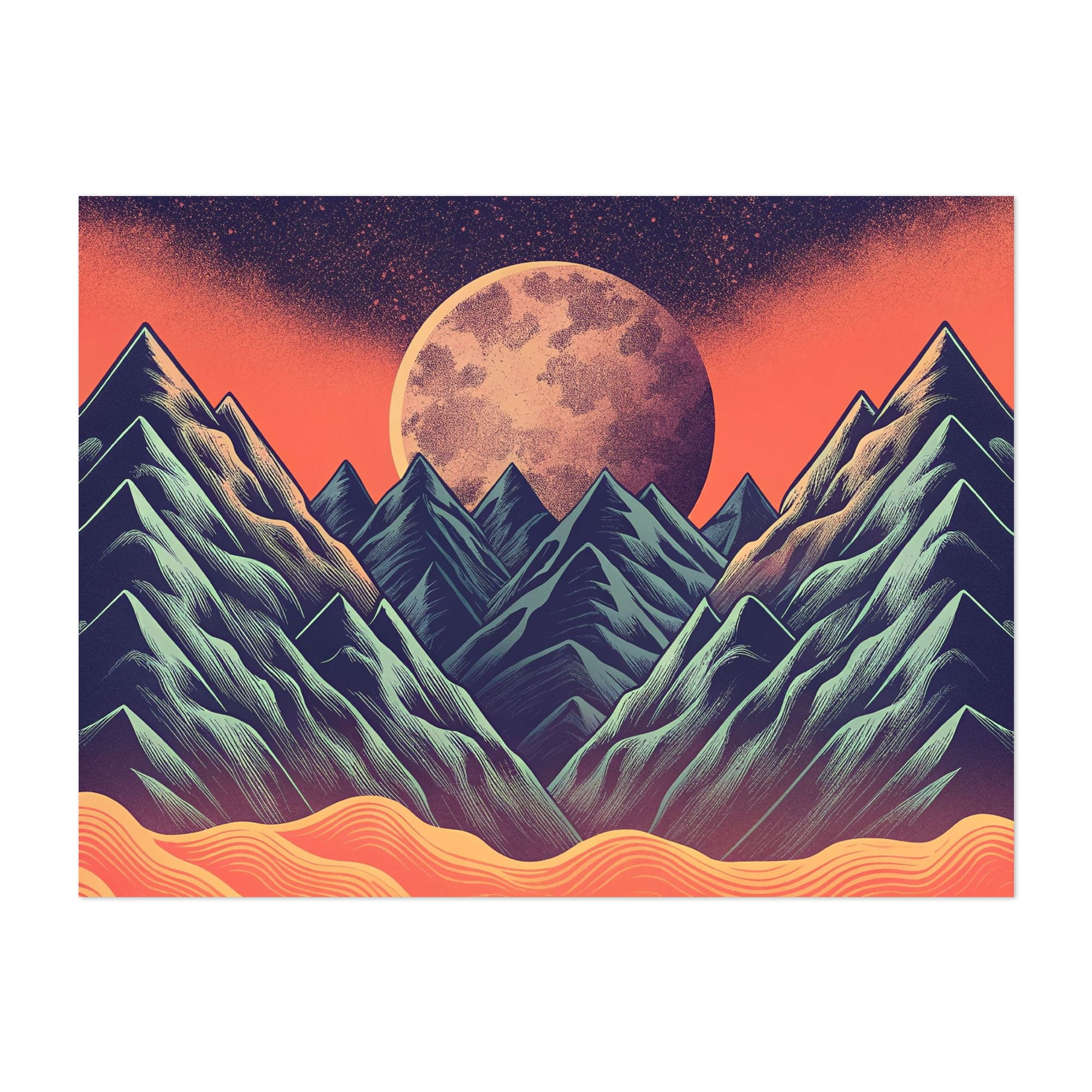 -Crimson Sky Over the Cosmic Peaks: A Retro-Futuristic Mountain ...