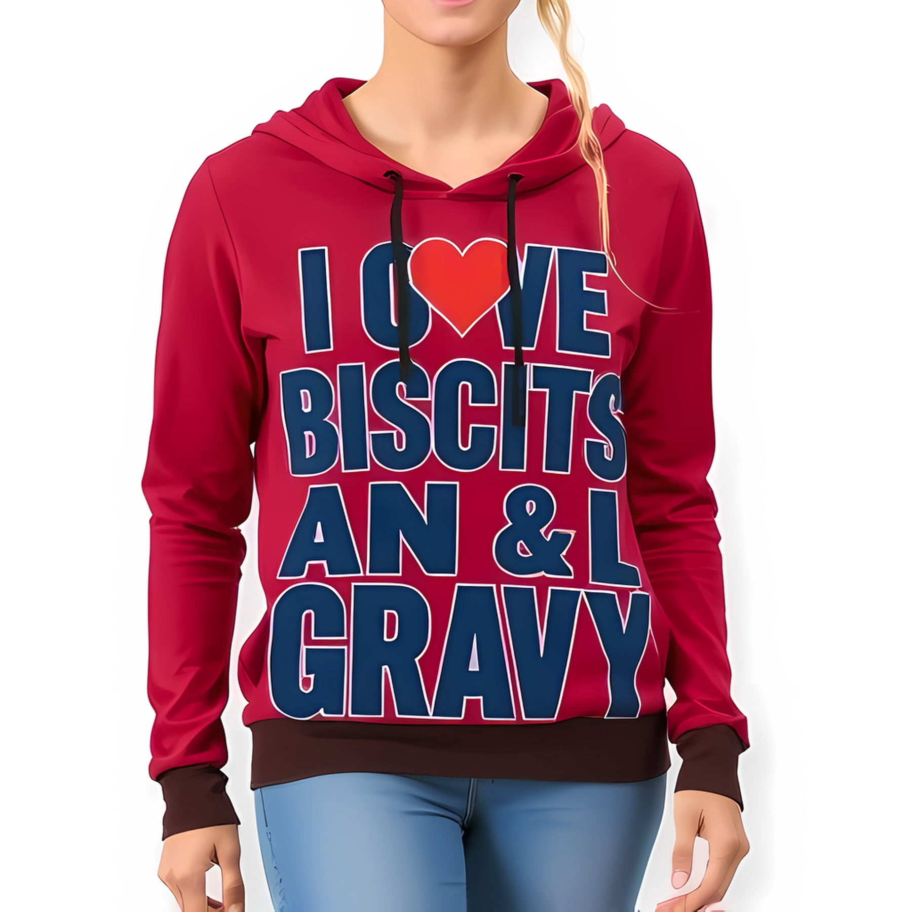 Crimson Women's 3D Hoodie - "I Love Biscuits and Gravy" Graphic with ...