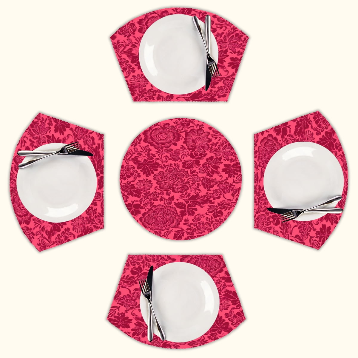Crimson floral fabric pattern design Round Table Placemats Set Of 5 ...