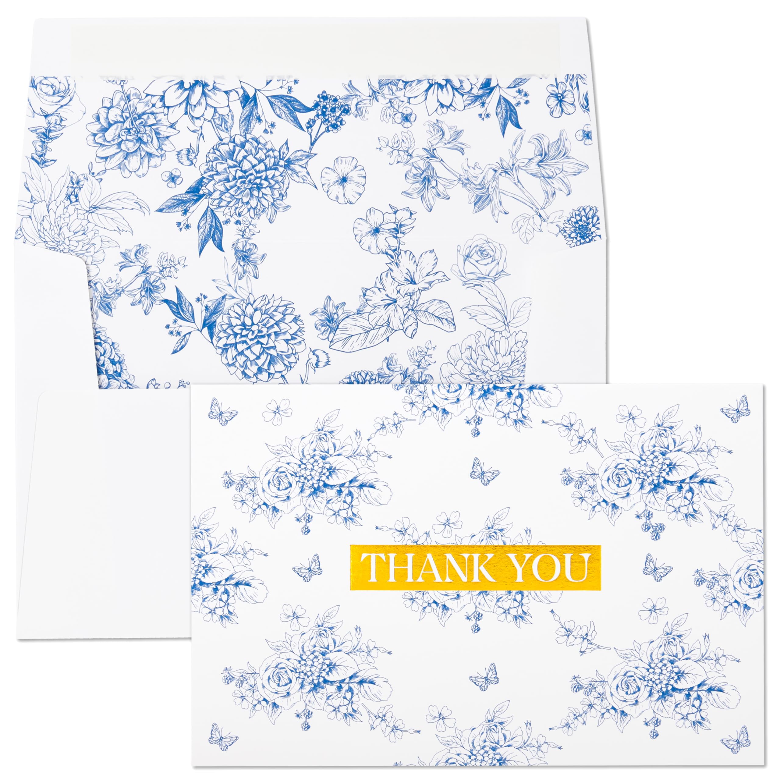 Crisky French Blue Floral Toile de Jouy Thank you cards Gold Foil ...