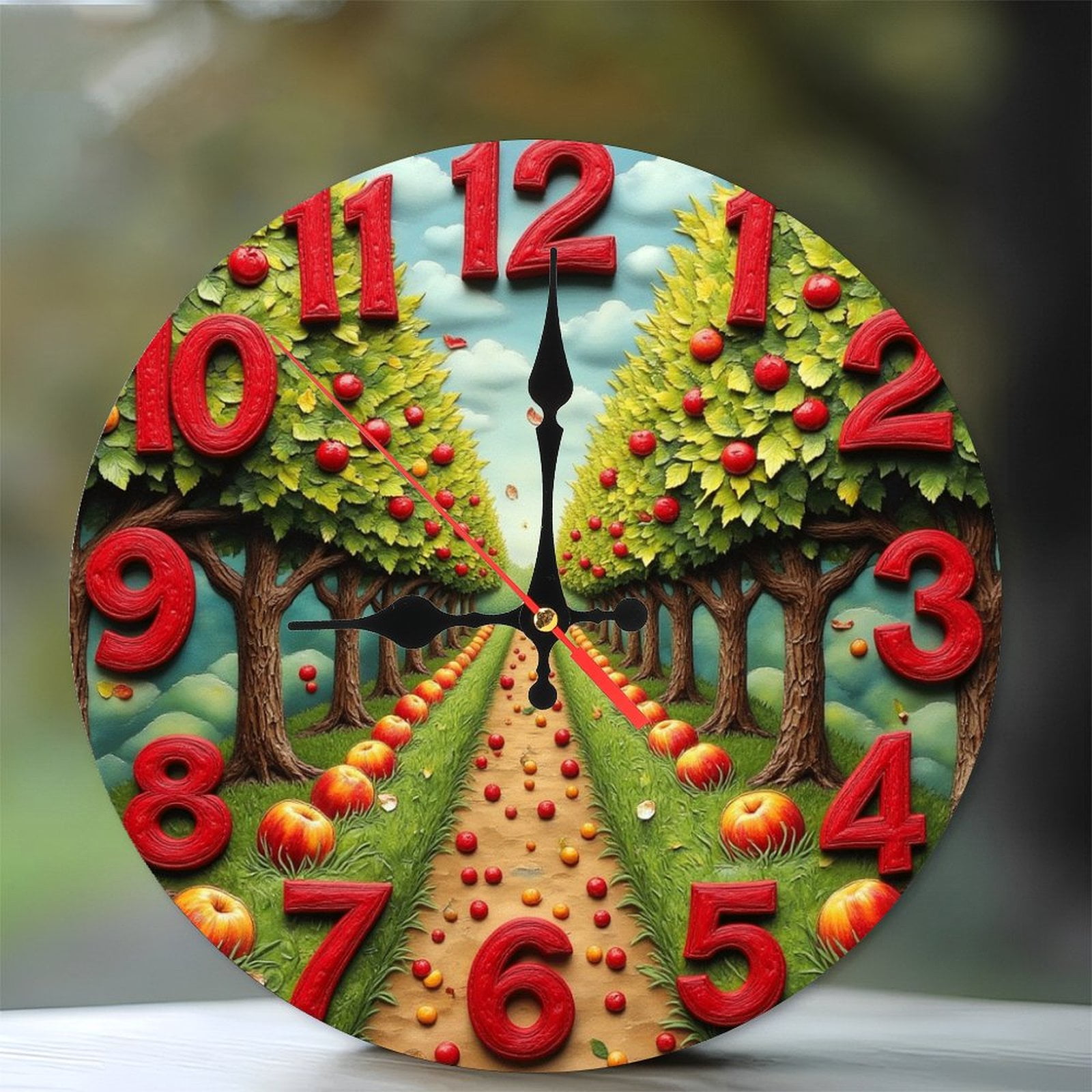 Crisp Fruit Tree Clock Wall Decor Red Number Pathway 10-Inch Silent ...