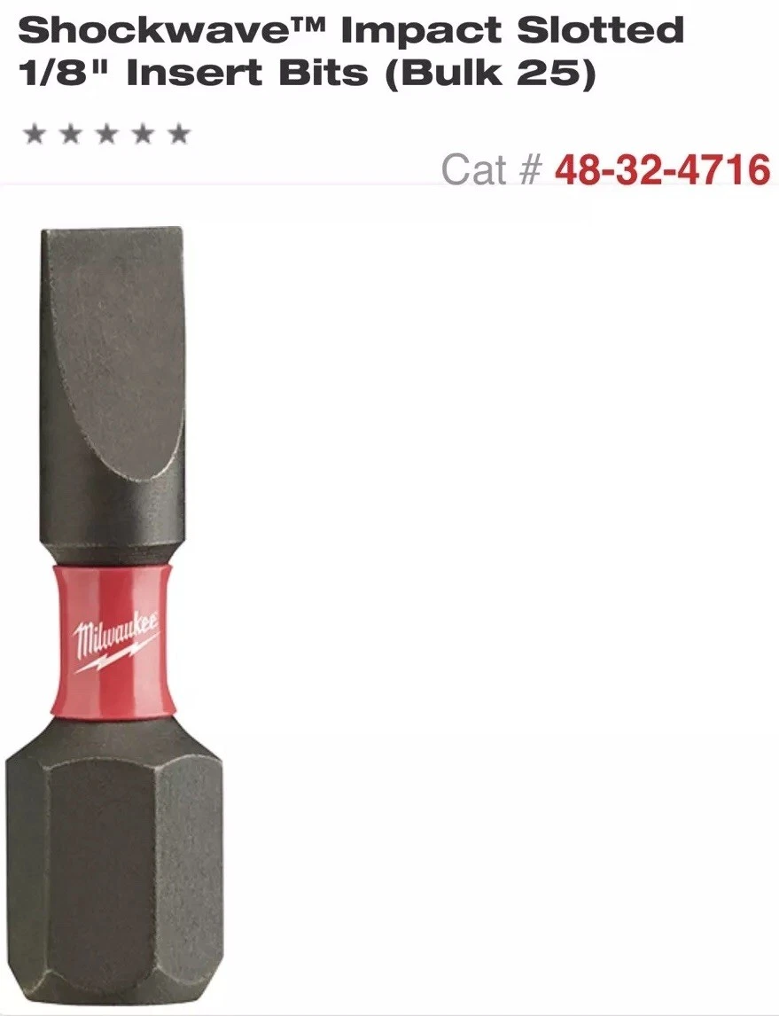 Crisp - Milwaukee 48-32-4716 1/8" Impact Regular Slotted Insert Bit (25Pc) Shockwave - Walmart.com