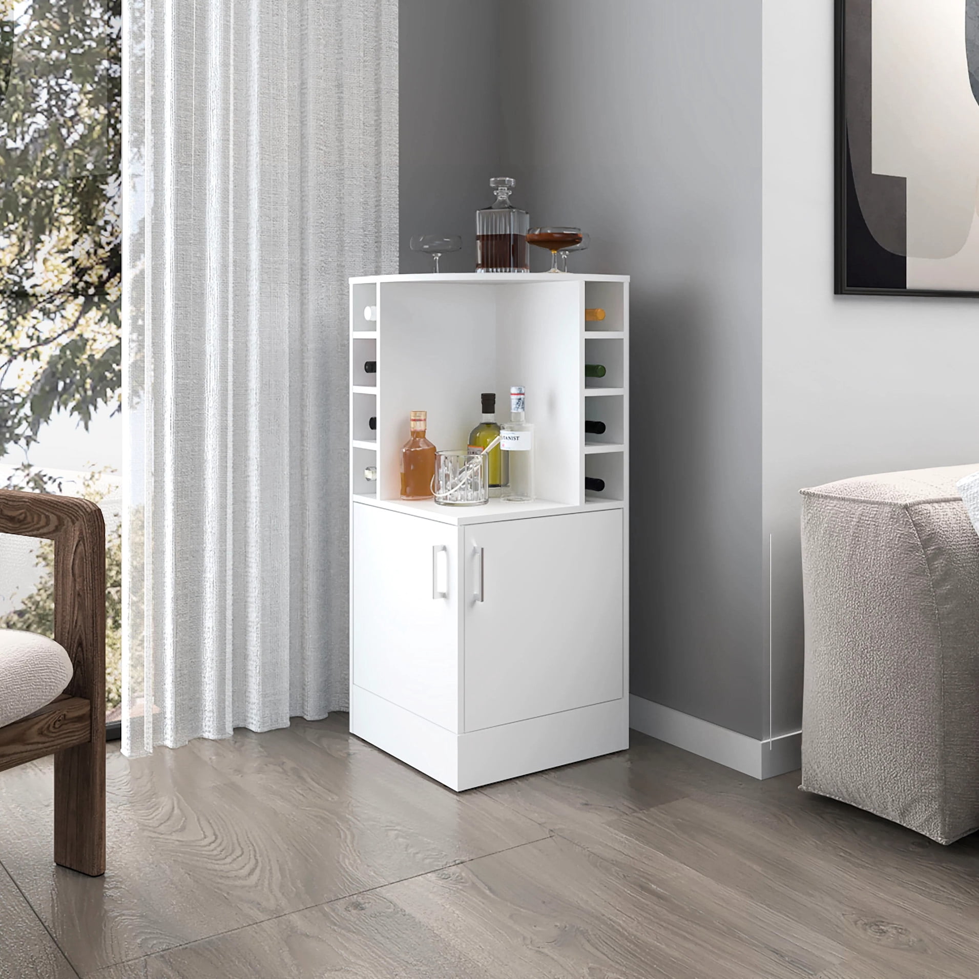 Crisp White Bar Cabinet With Functional Shelf And Beverage Organizer ...