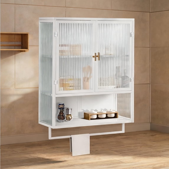 Crisp White Metal Wall Cabinet with Fluted Glass Doors, Two-Tier ...