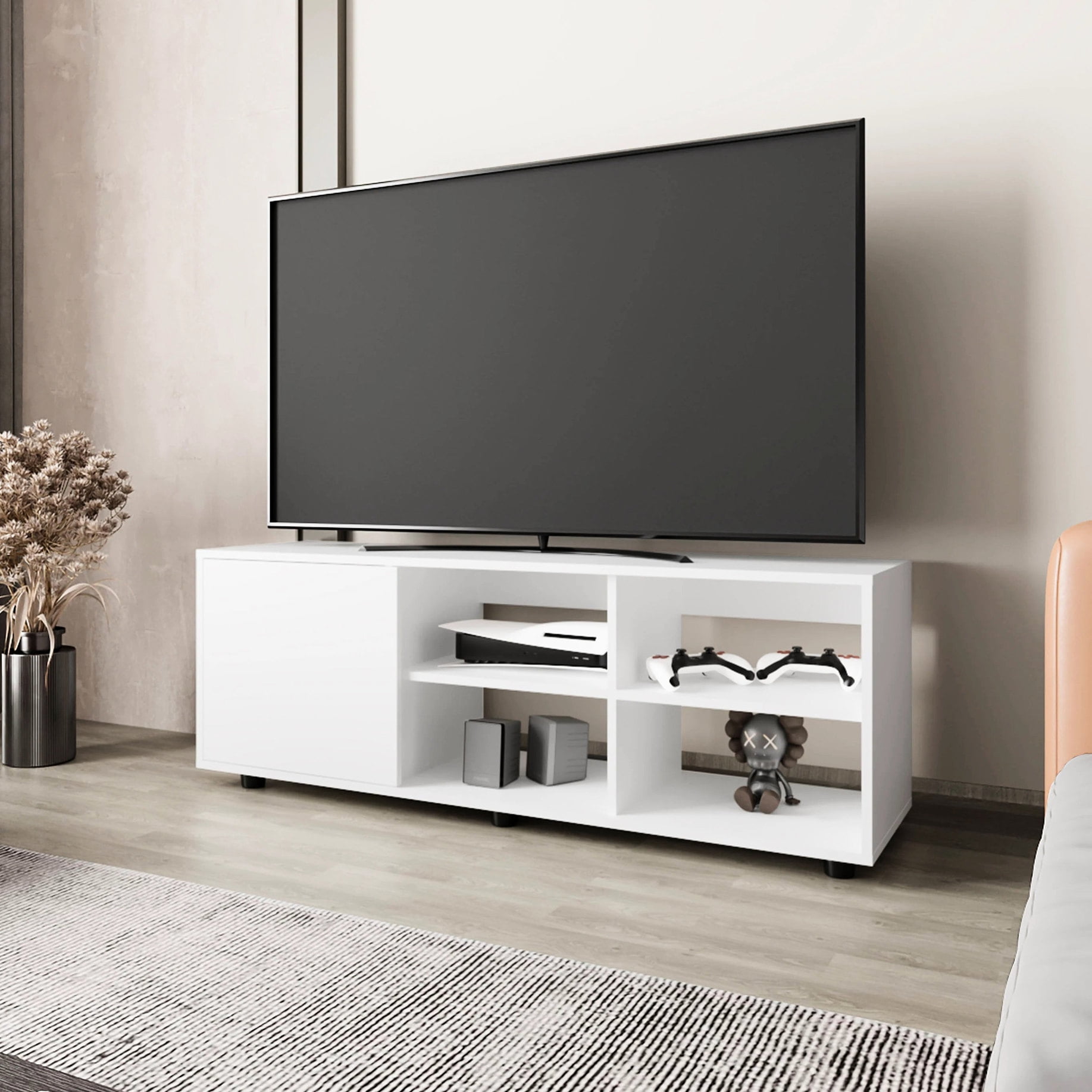 Crisp White TV Stand | Open and Concealed Storage | Modern Touch for ...