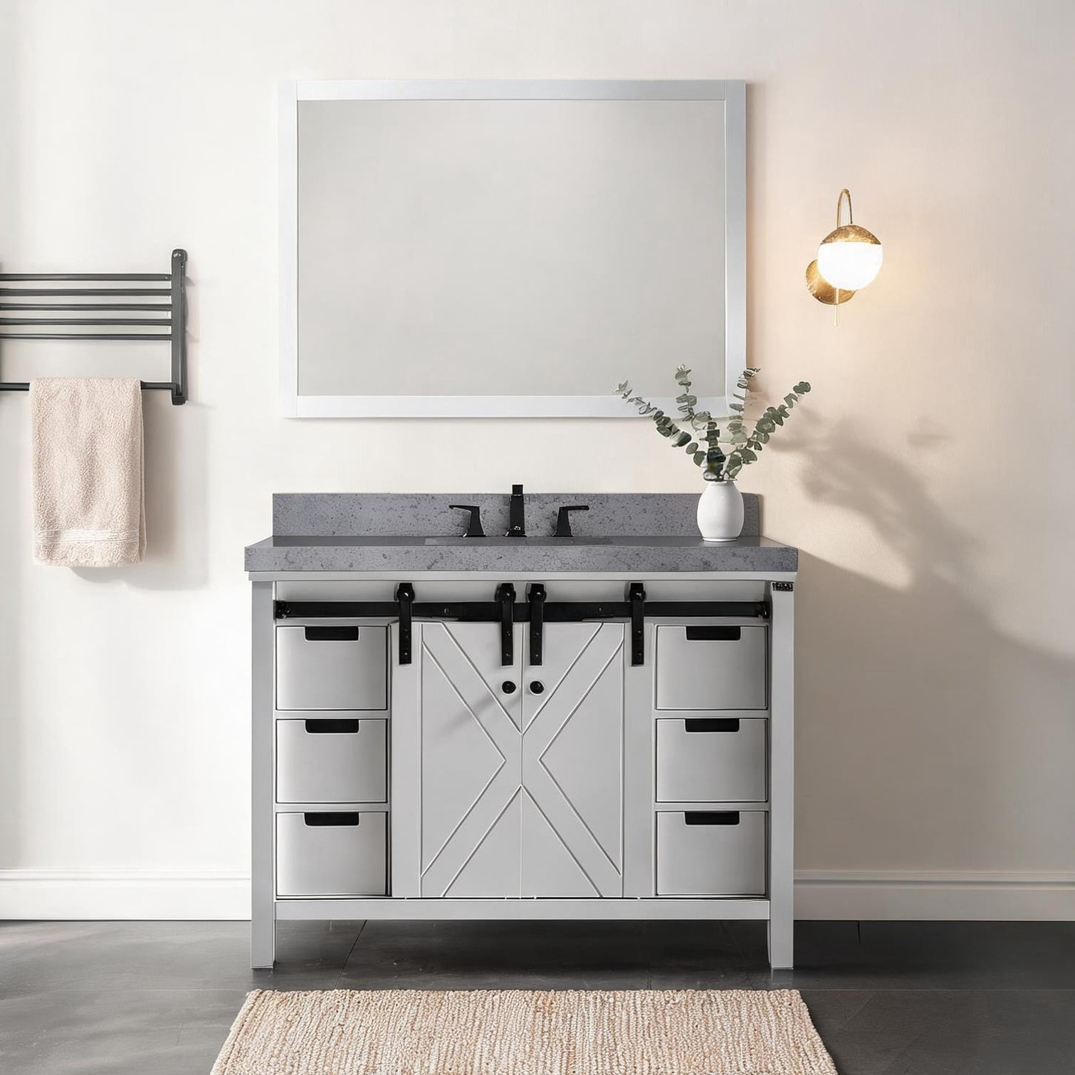 Crisp white wood bathroom vanity without top, 48-inch width, with soft ...