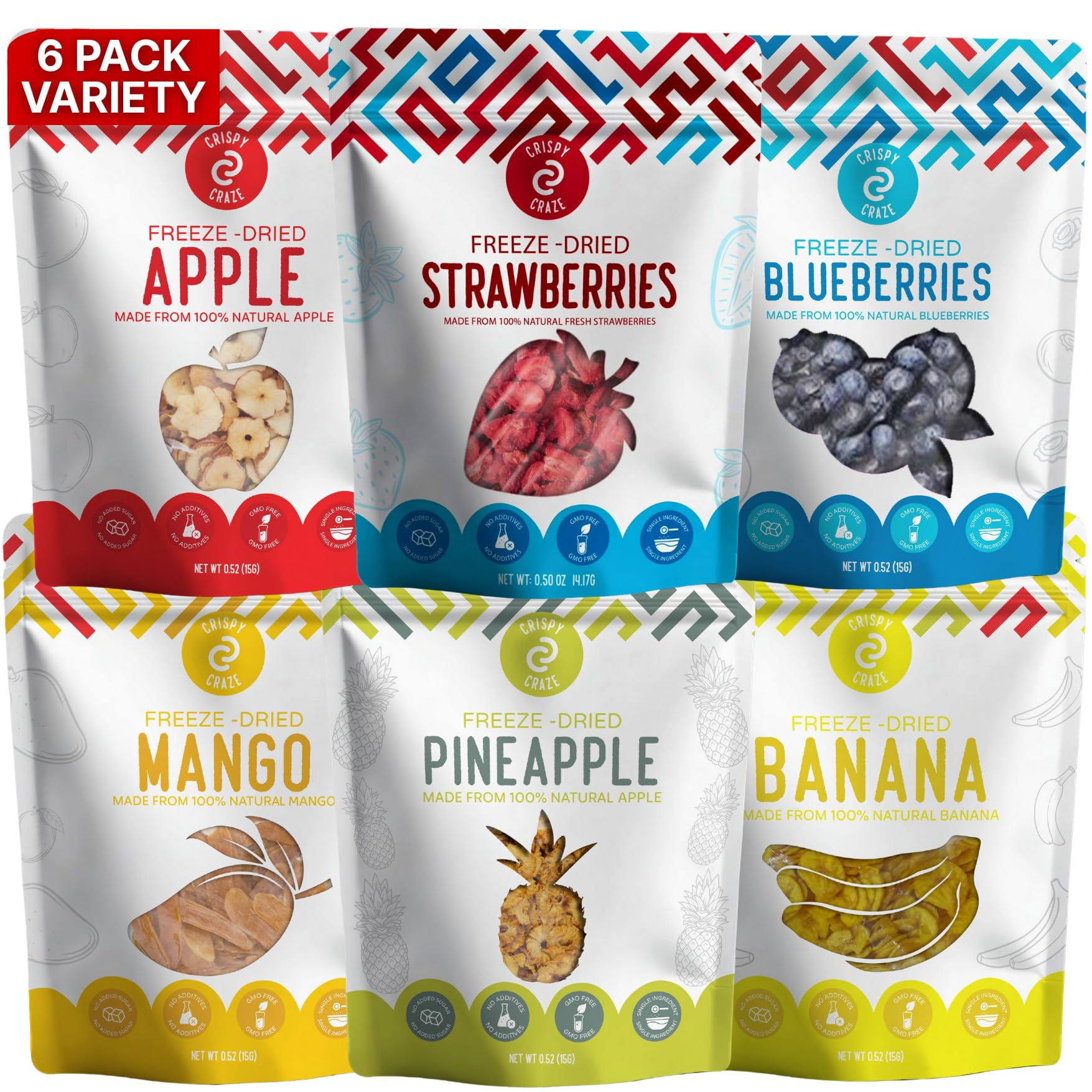 Crispy Craze Freeze Dried Fruit Variety Pack (6 Snack Sized Bags, 0.52 ...