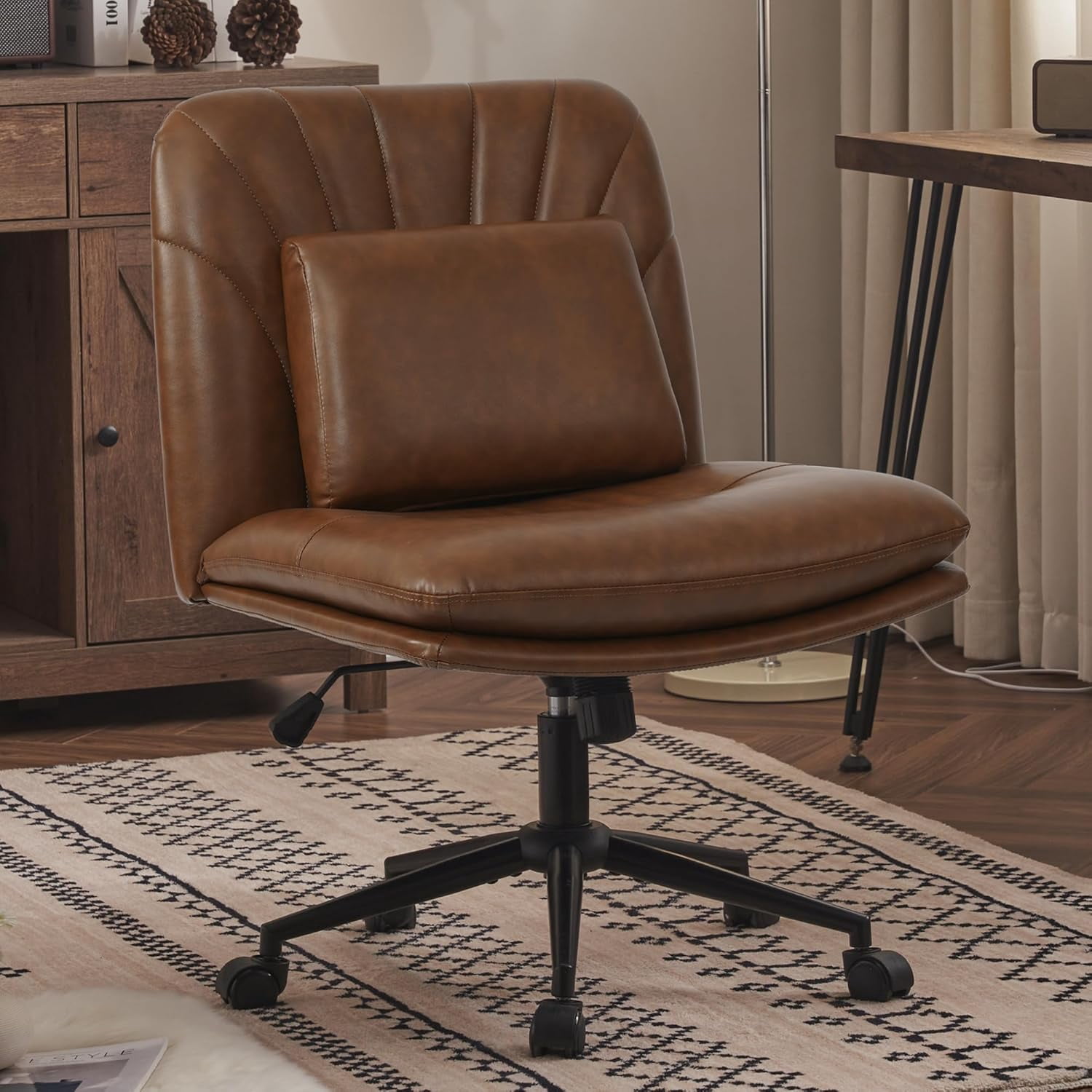 Criss Cross Chair Legged Wide Comfy Seat with Wheels PU Leather Swivel ...