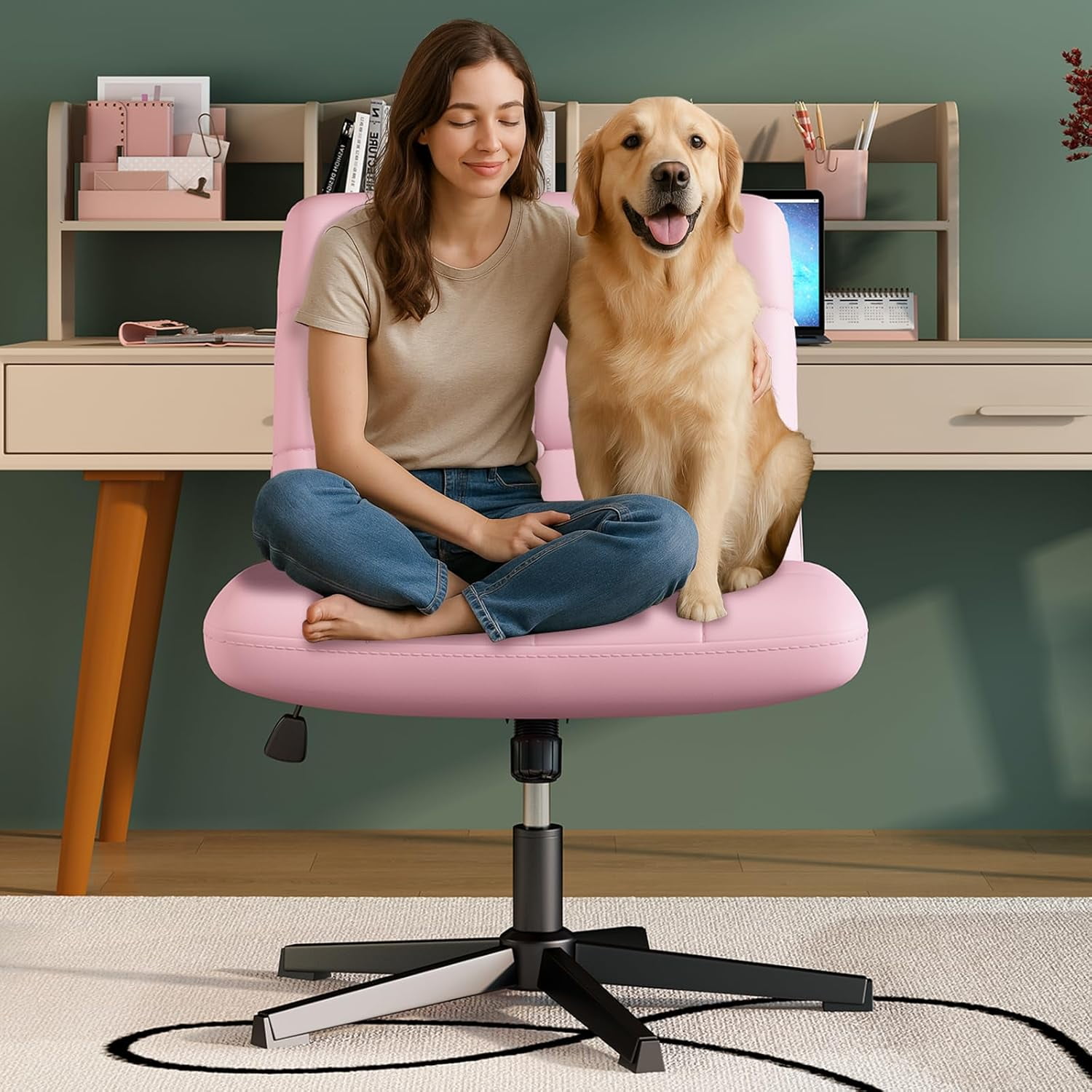 Criss Cross Chair with Wheels, Pink Armless Legged Office Desk Chair ...