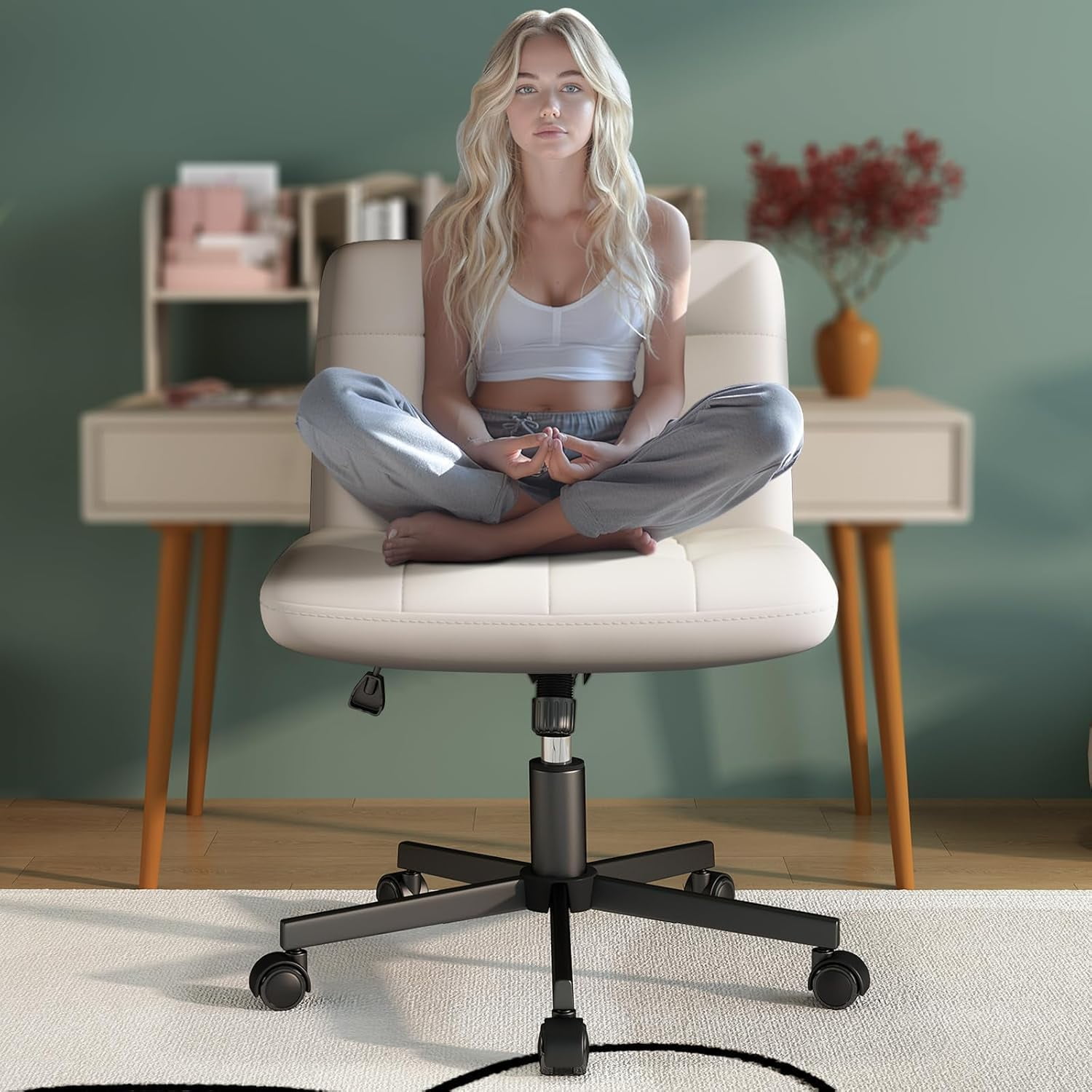 Criss Cross Chair with Wheels, White Armless Cross Legged Office Desk Chair for Home Office, Pu ...