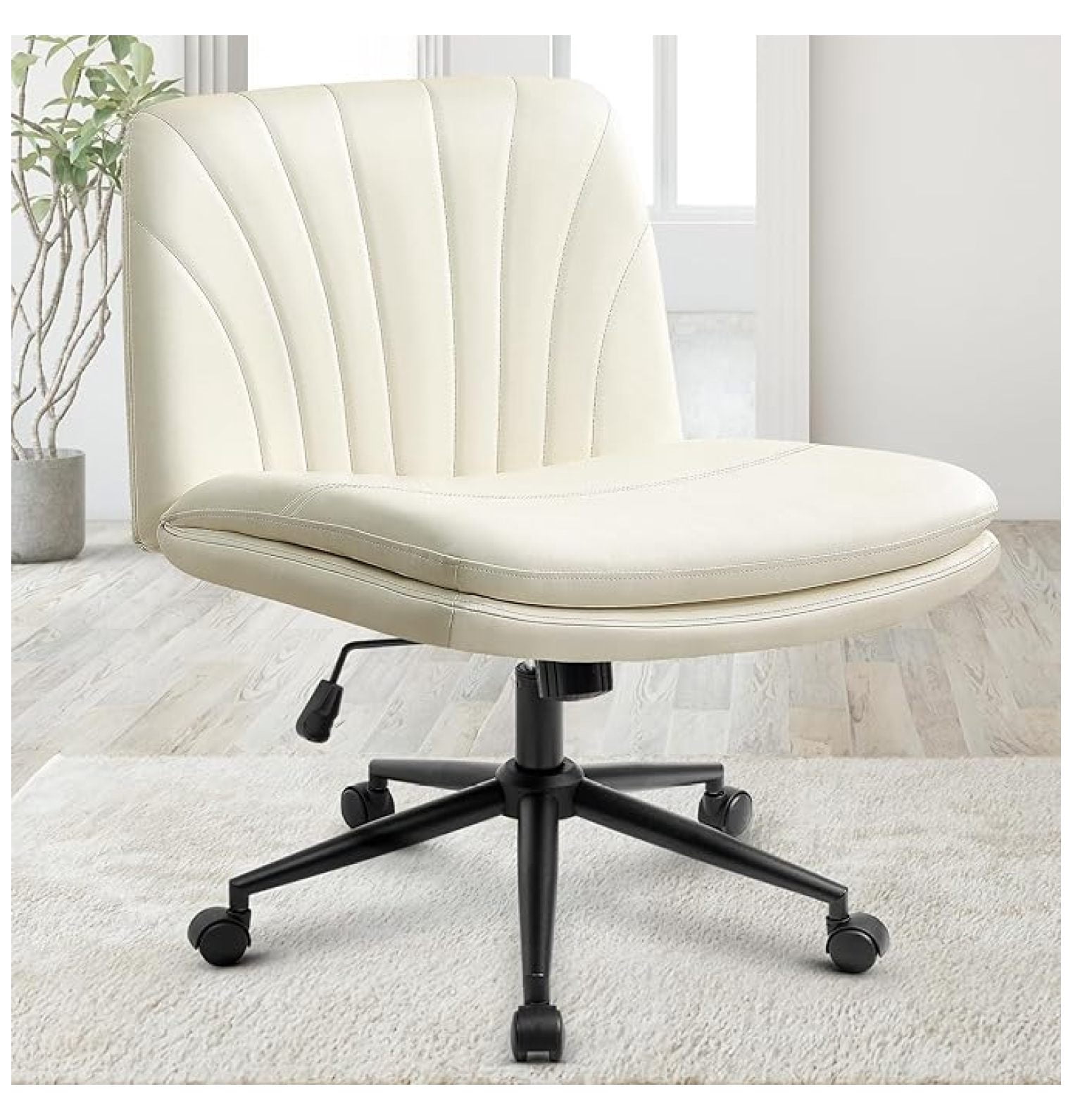 Criss Cross Chair with Wheels - Beige Vanity Desk Chair - Comfy Armless ...