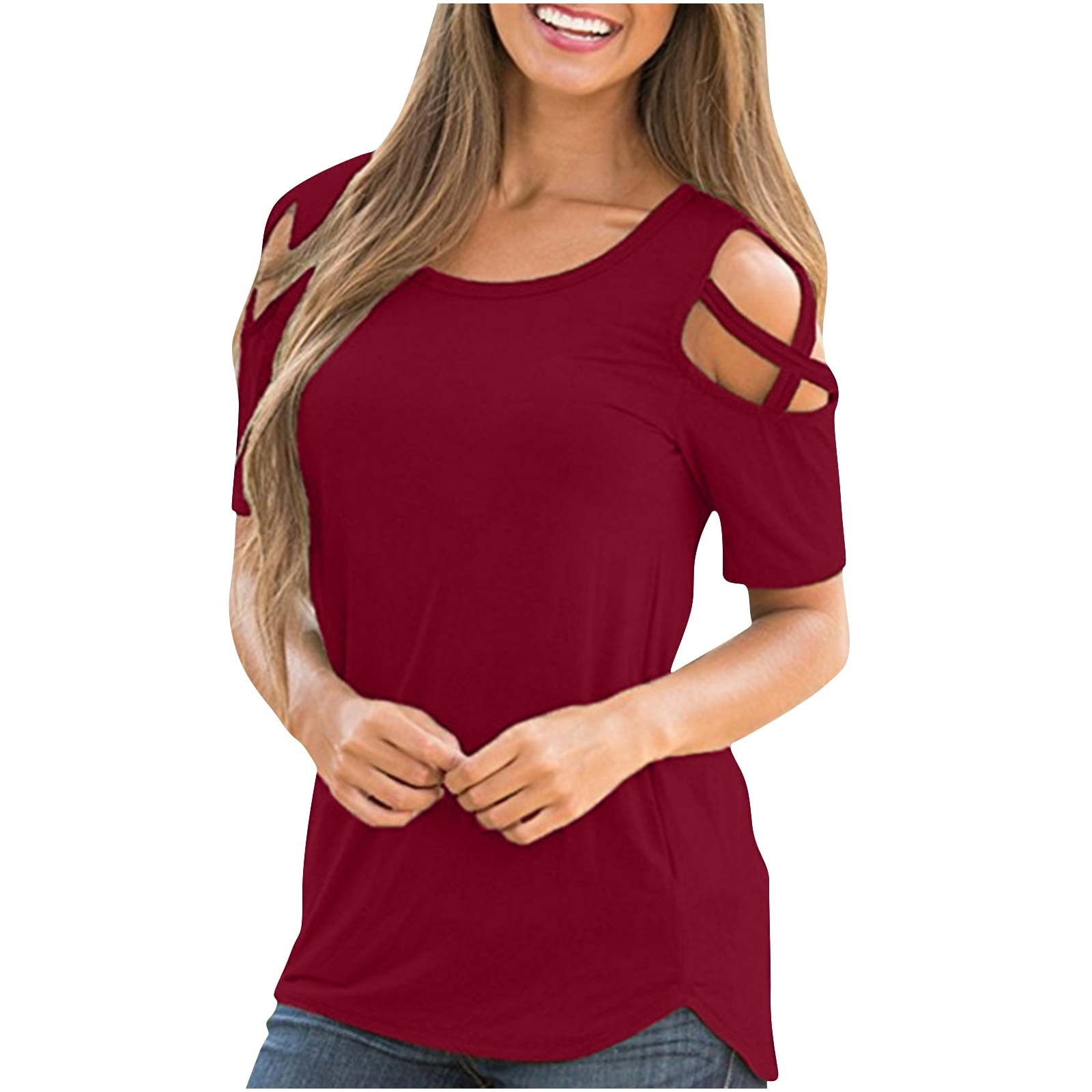 Criss-Cross Cold Shoulder Tops Shirt Women Sexy Off-the-Shoulder Blouse Tee Casual Loose ...