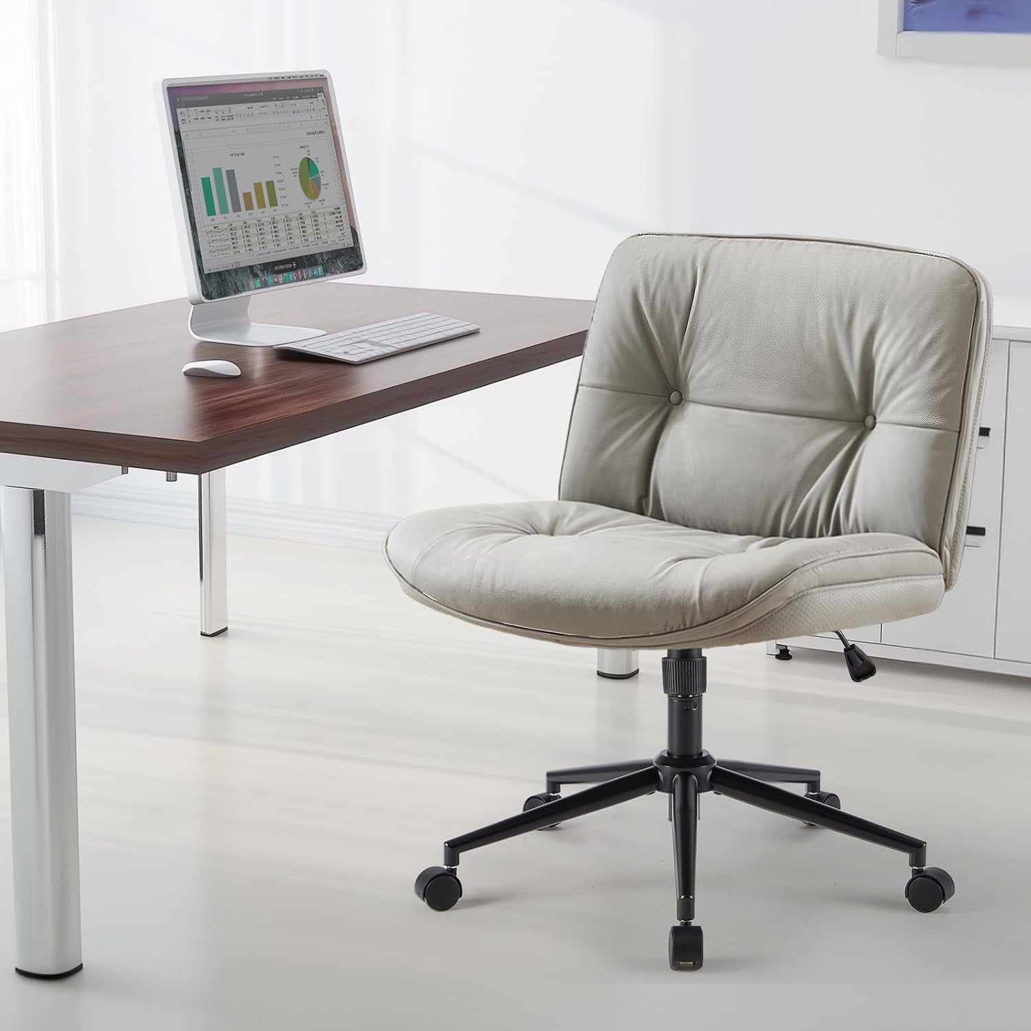 Criss Cross Desk Chair with Wheels, Armless PU Leather Cross Legged ...