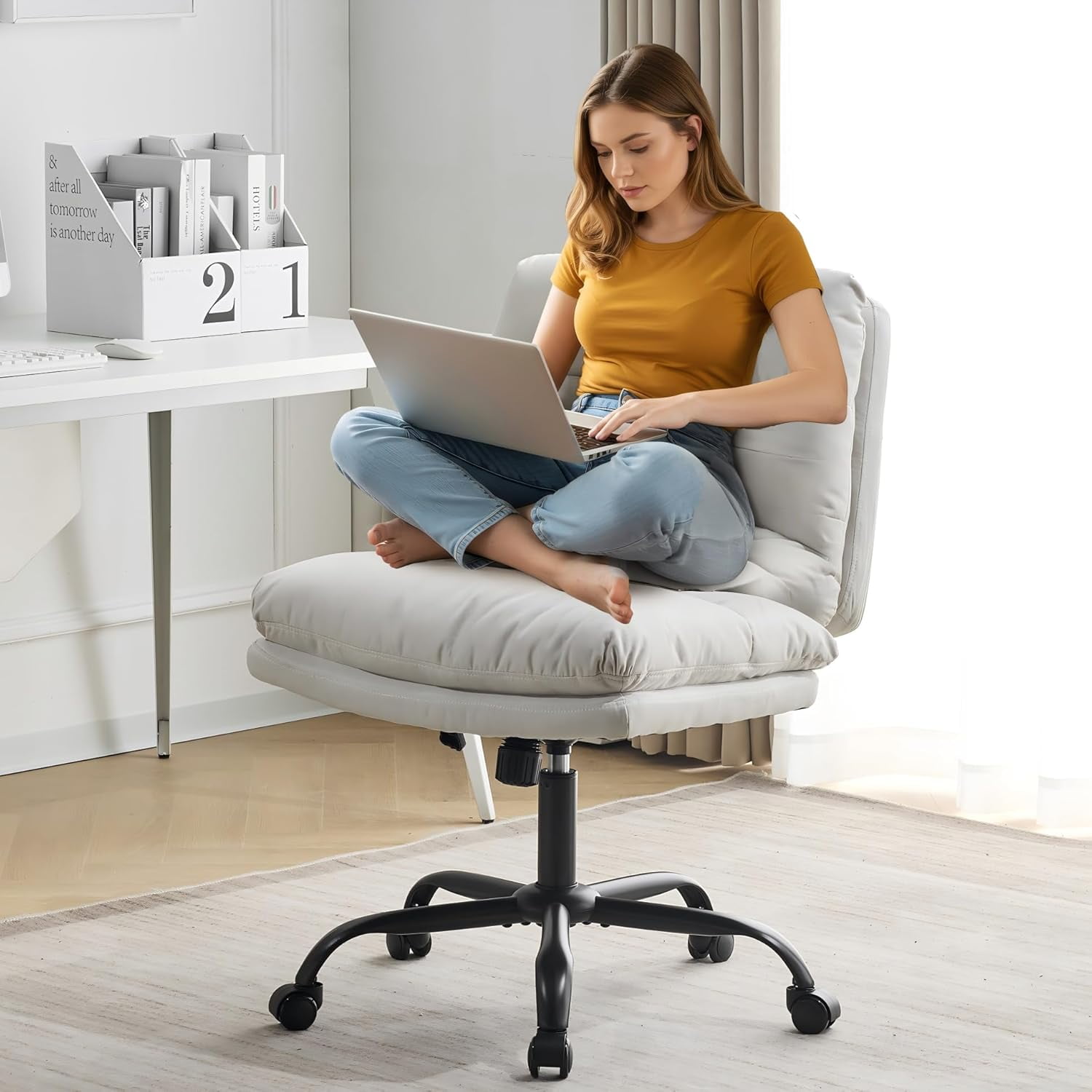 Criss Cross Legged Chair with Wheels,Armless Wide Office Chair with ...