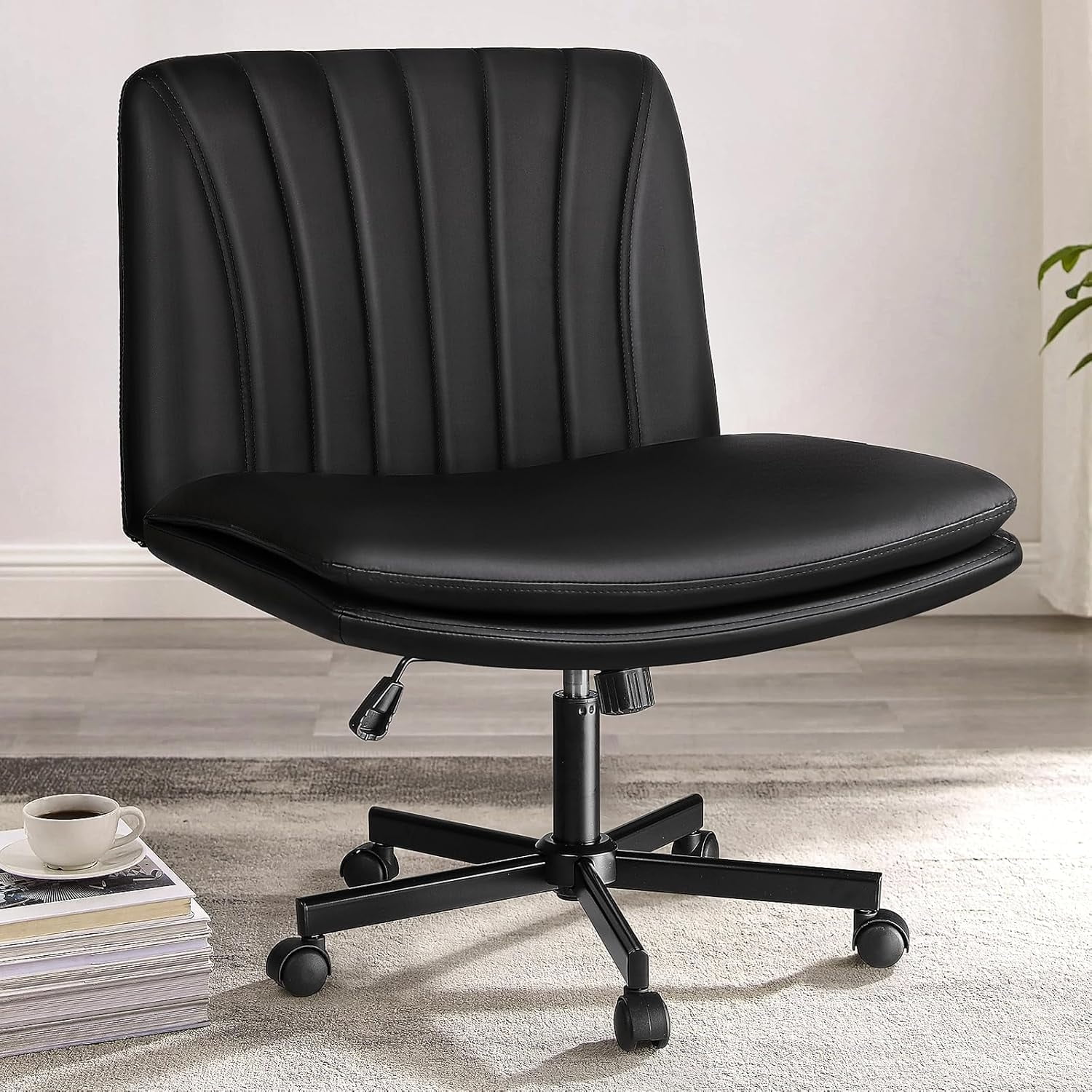 Criss Cross Legged Chair with Wheels Comfy Armless Office Desk Chair PU ...