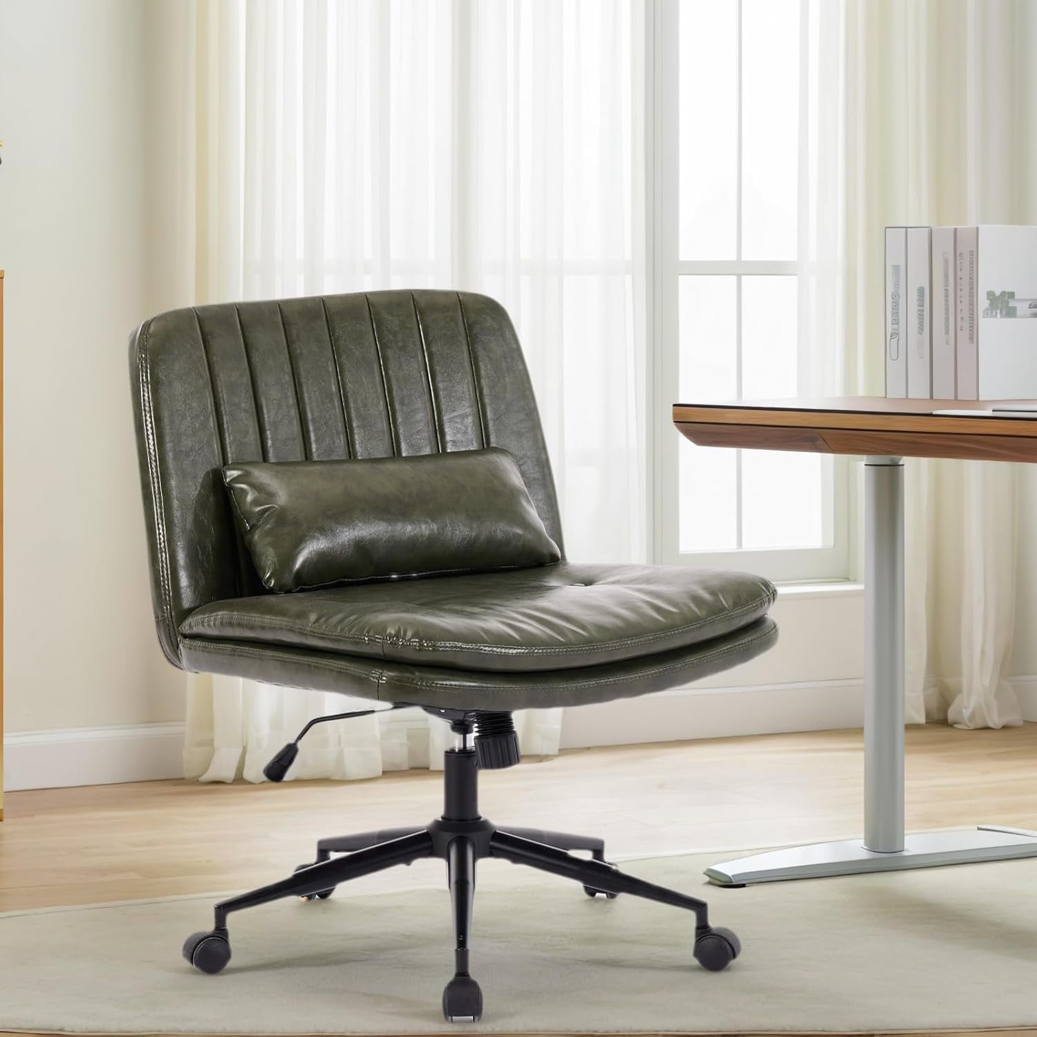 Criss Cross Office Chair, Armless Adjustable Swivel Chair with Wide Seat & Pillow, Wheels ...