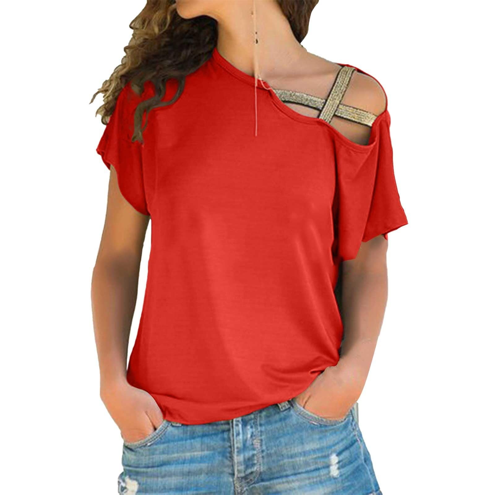 Criss-Cross One Cold Shoulder Tops for Women Irregular Neck Shirts Plus ...