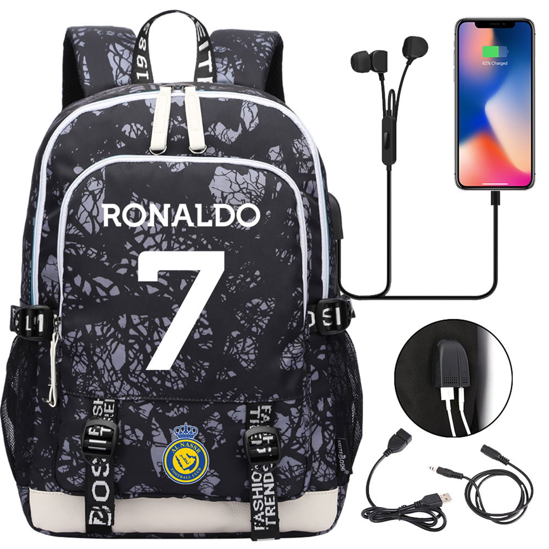 Cristiano Ronaldo Backpack with USB Charging Port-Student Back to ...