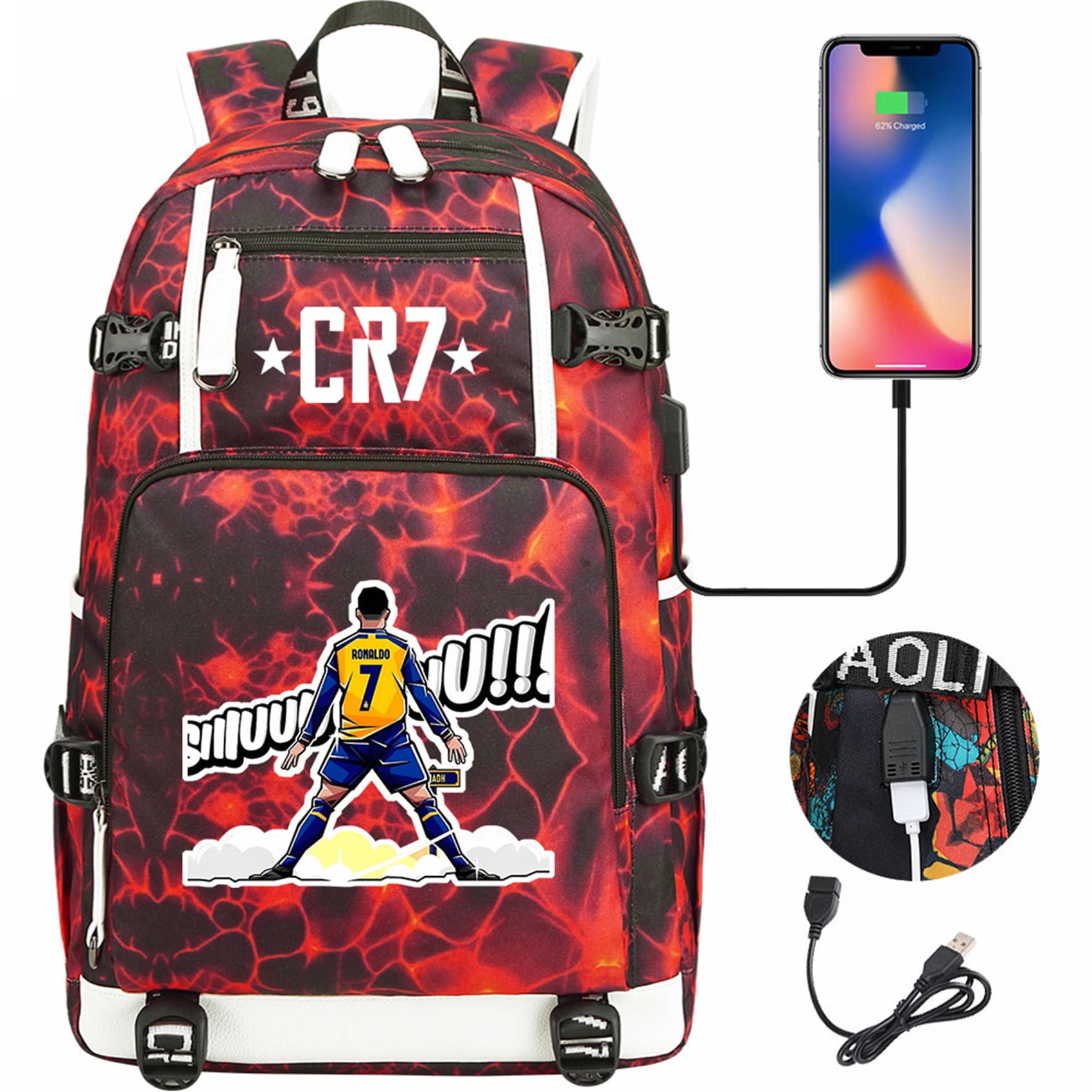 Cristiano Ronaldo Canvas Backpack-Multifunction School Bookbag with USB ...