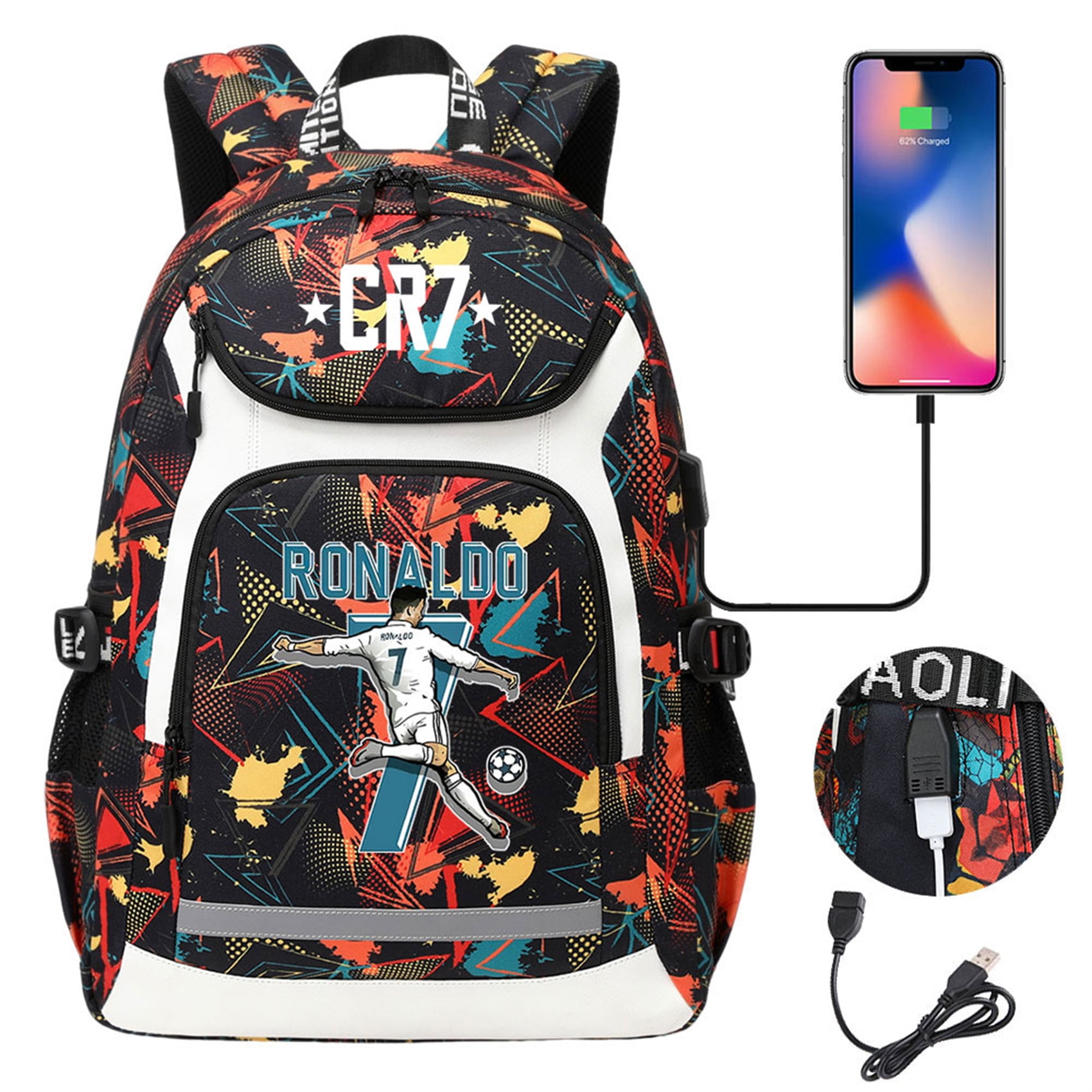 Cristiano Ronaldo Fans Backpack Teens Multifunction USB Knapsack Laptop ...