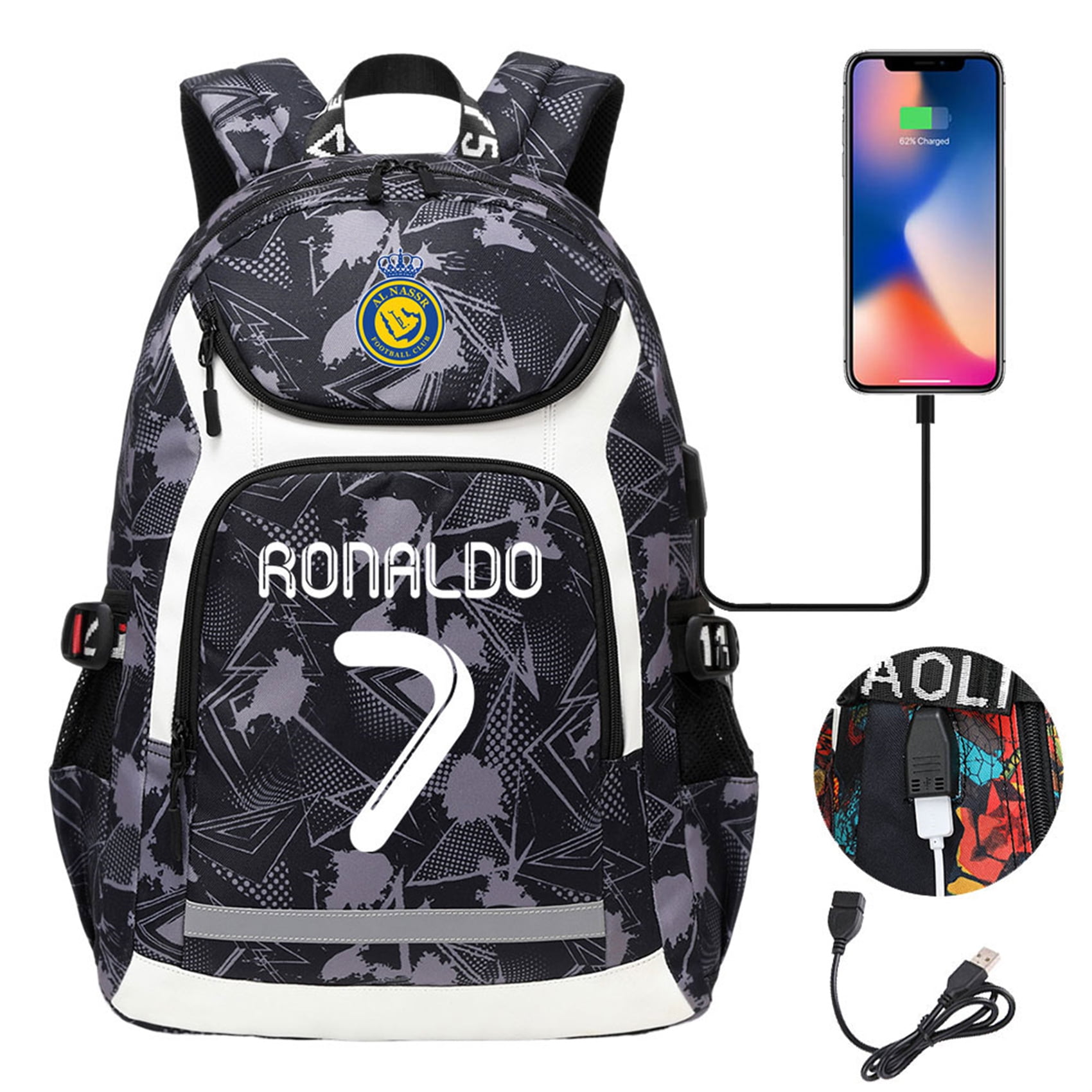 Cristiano Ronaldo Fans Backpack Teens Multifunction USB Knapsack Laptop ...