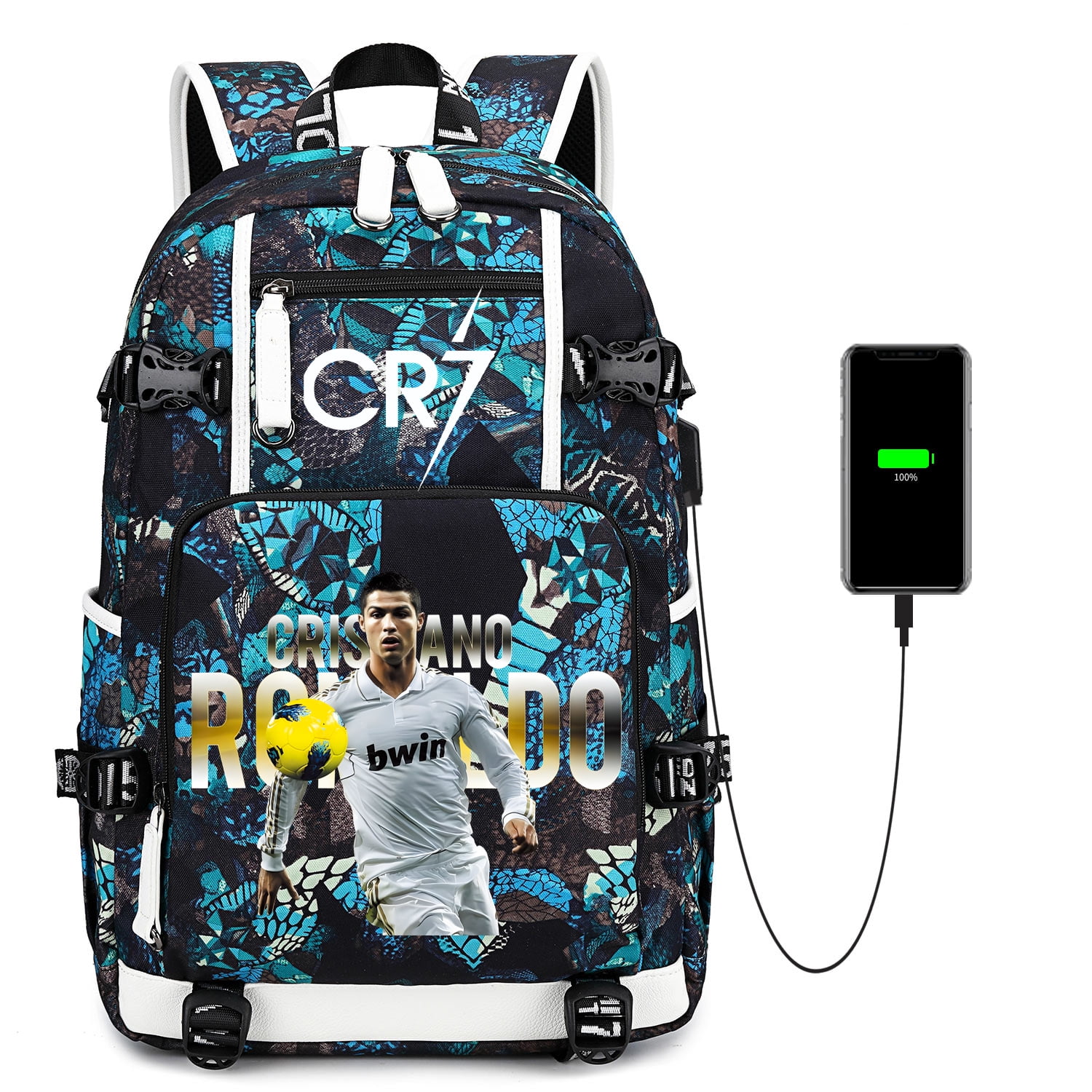 Cristiano Ronaldo Graphic Backpack Waterproof USB Charging Laptop Fit ...