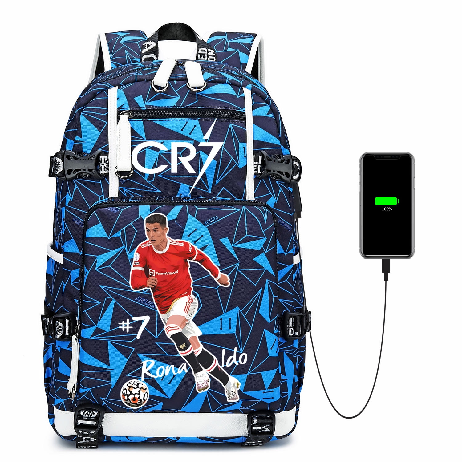 Cristiano Ronaldo Graphic Backpack Waterproof USB Port Laptop Fit ...